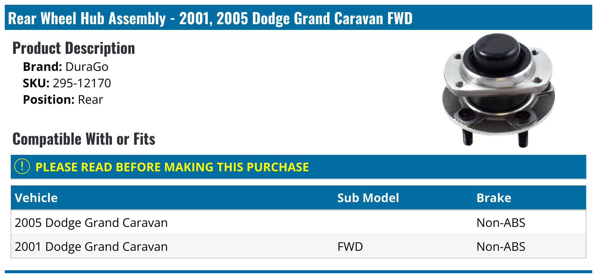 2001, 2005 Dodge Grand Caravan Wheel Hub Assembly - DuraGo 295-12170 ...