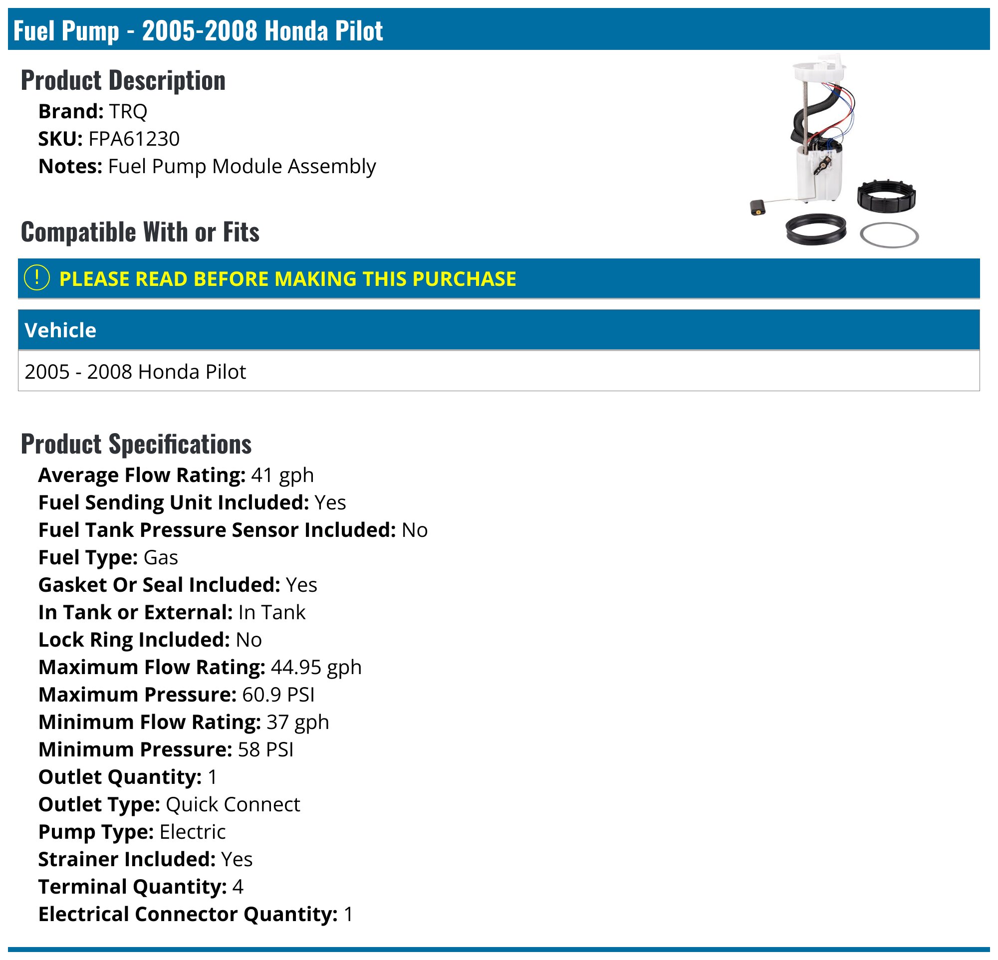 2005-2008 Honda Pilot Fuel Pump - TRQ FPA61230 - PartsGeek.com