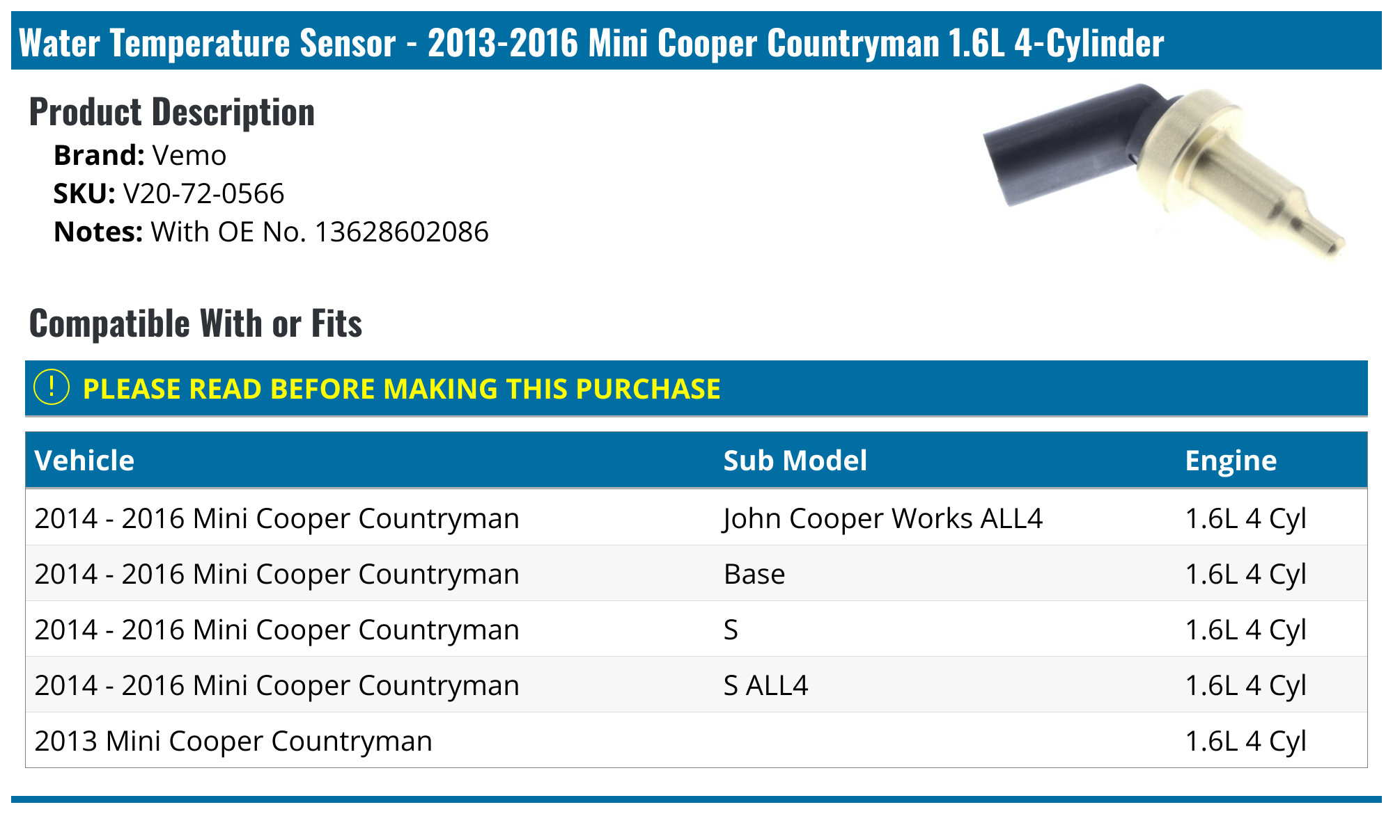 2013-2016 Mini Cooper Countryman Water Temperature Sensor - Vemo V20-72 ...