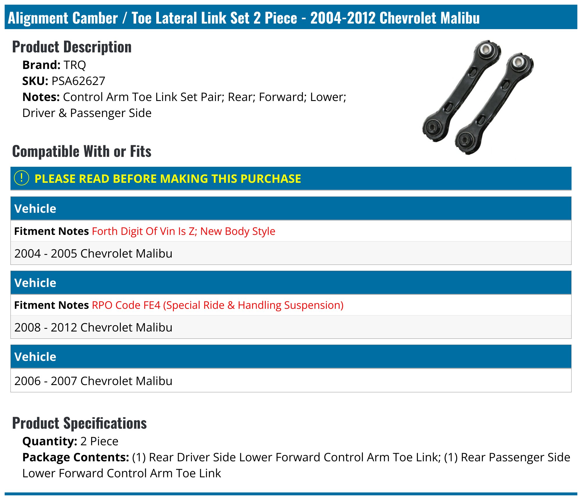 2004-2012 Chevrolet Malibu Alignment Camber / Toe Lateral Link - TRQ ...