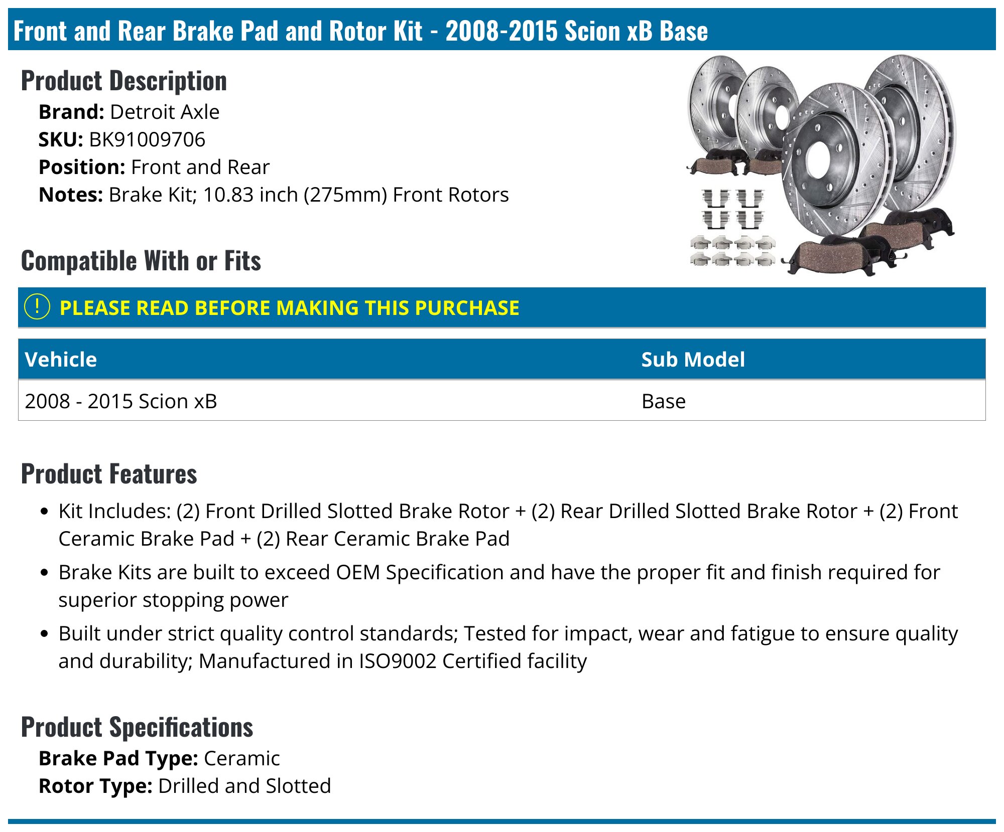 2008-2015 Scion xB Brake Rotor - Detroit Axle BK91009706 - Front and ...