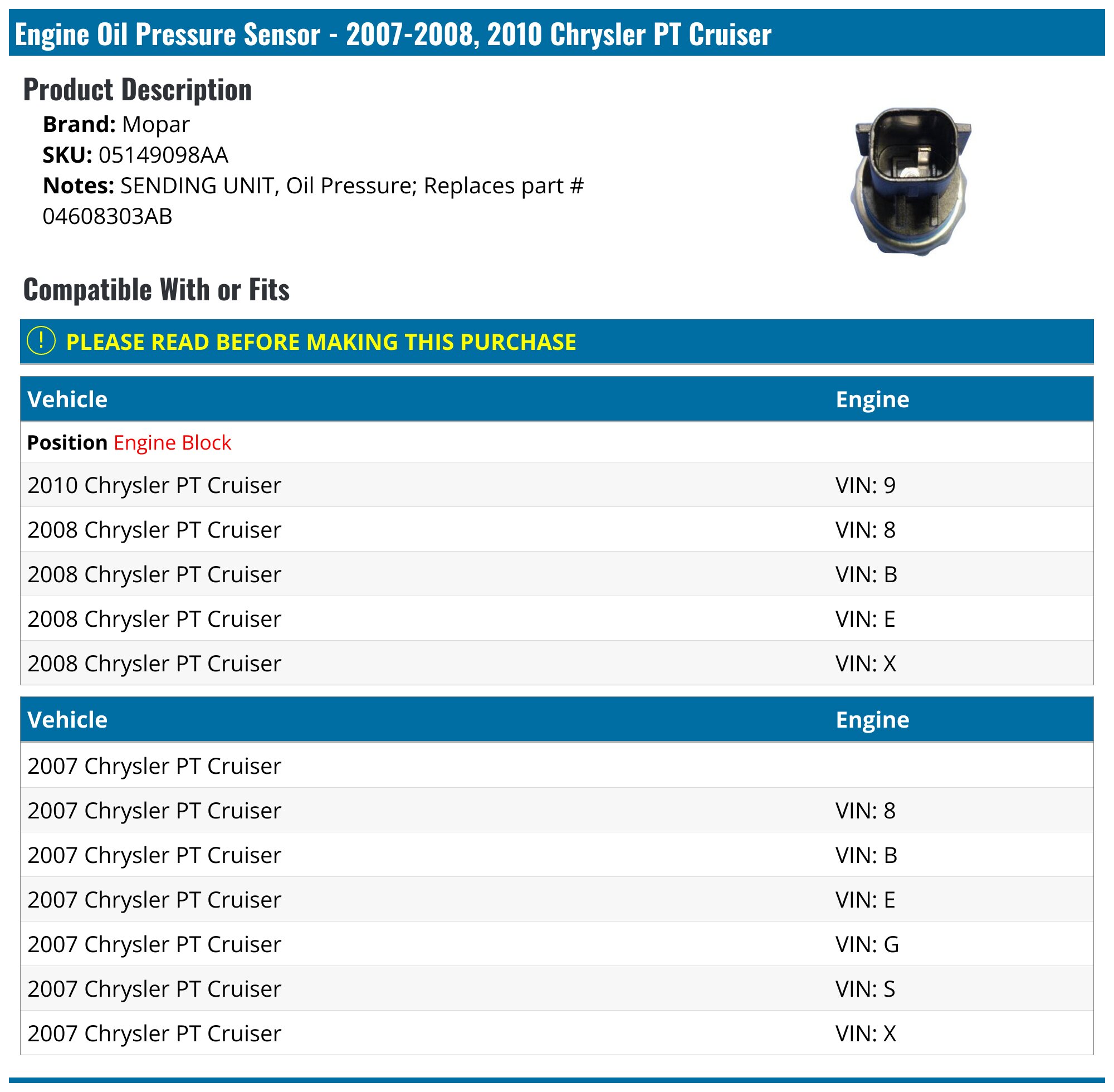 2007-2008, 2010 Chrysler PT Cruiser Engine Oil Pressure Sensor - Mopar ...