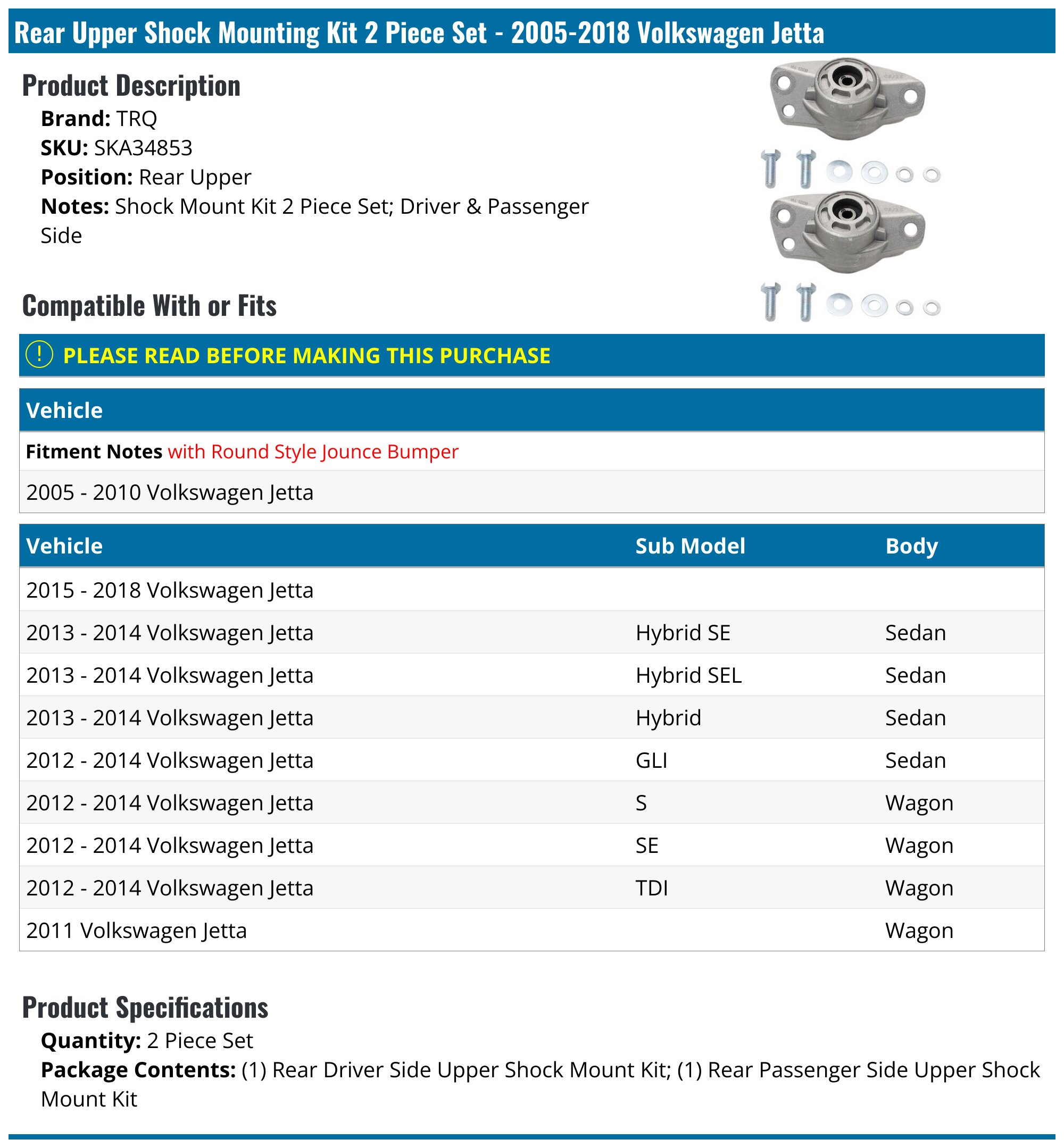 2005-2018 Volkswagen Jetta Shock Mounting Kit - TRQ SKA34853 - Rear ...