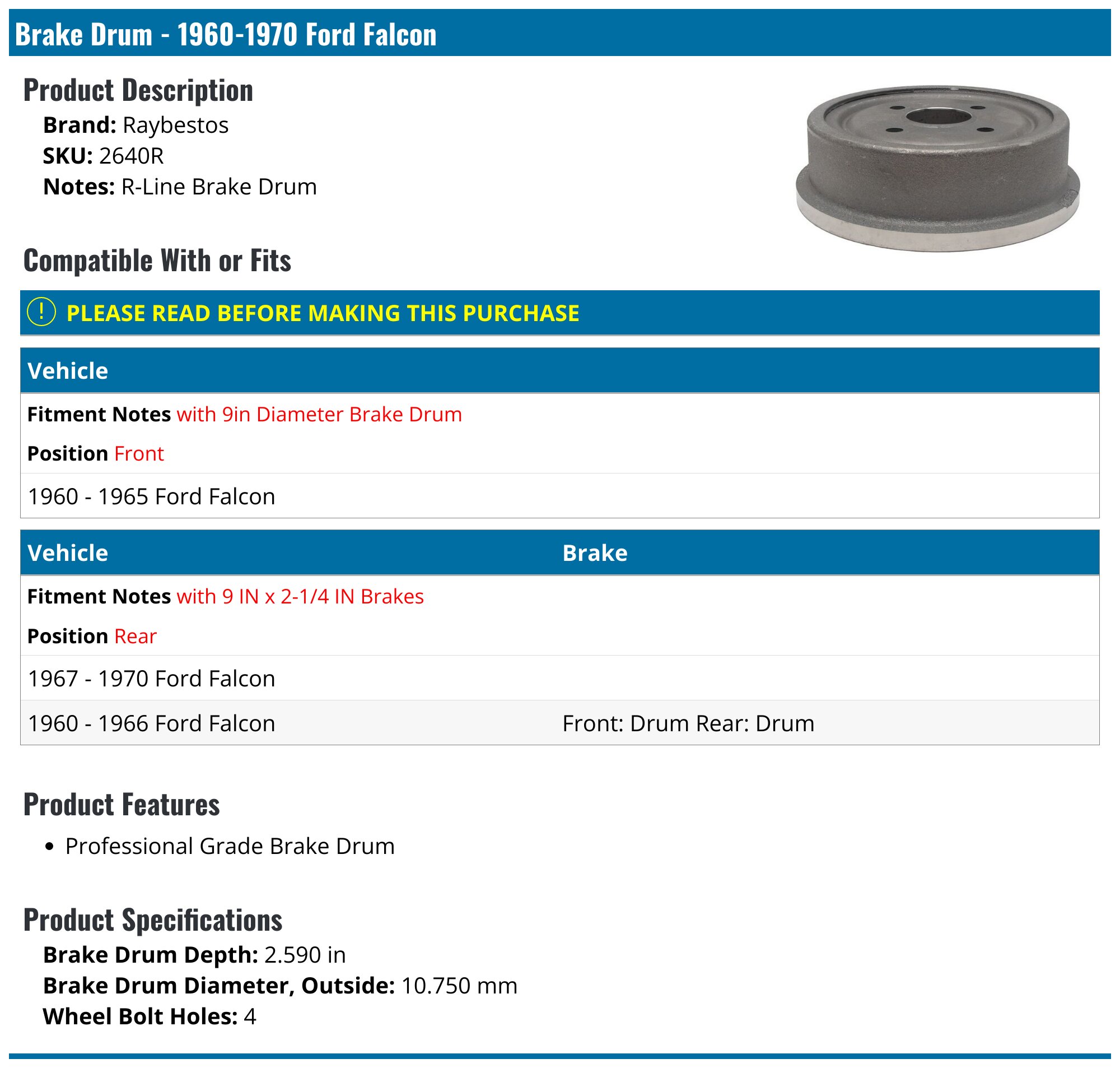 1960-1970 Ford Falcon Brake Drum - Raybestos 2640R - Front - PartsGeek.com