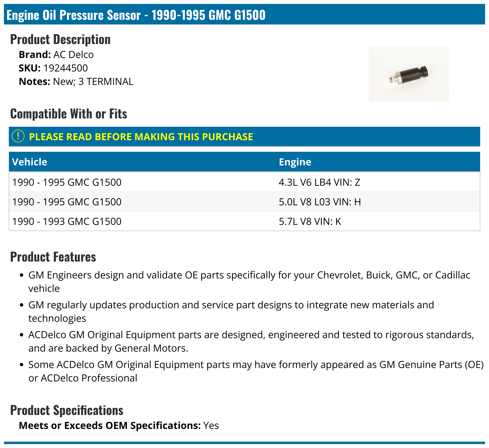 1990-1995 GMC G1500 Engine Oil Pressure Sensor - AC Delco 19244500 ...