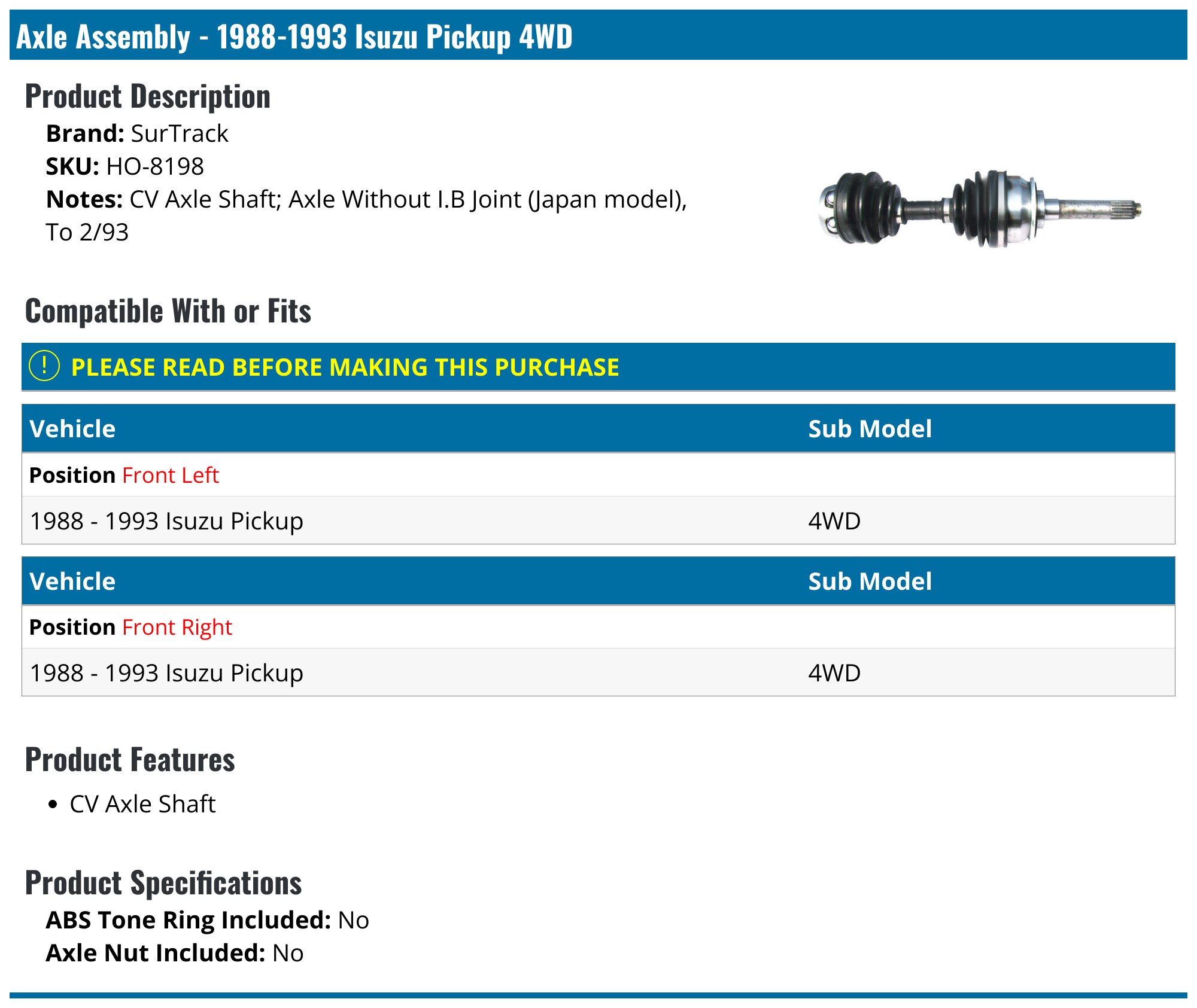 1988-1993 Isuzu Pickup Axle Assembly - SurTrack HO-8198 - Front ...