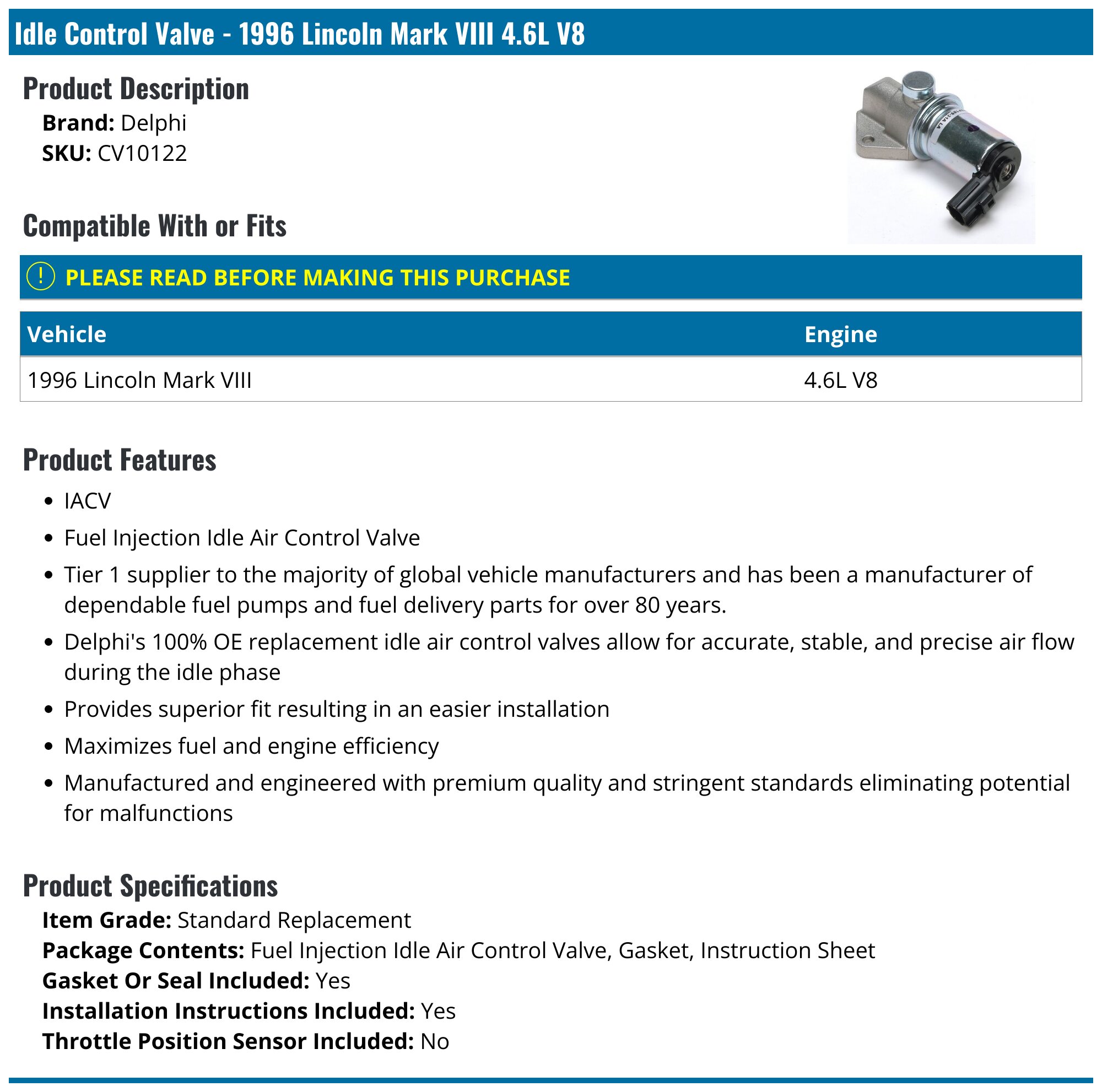1996 Lincoln Mark VIII Idle Control Valve - Delphi CV10122 - PartsGeek.com