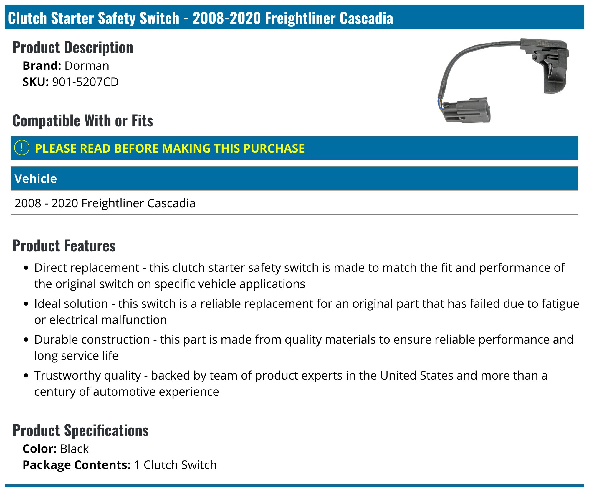 2008-2020 Freightliner Cascadia Clutch Starter Safety Switch - Dorman ...