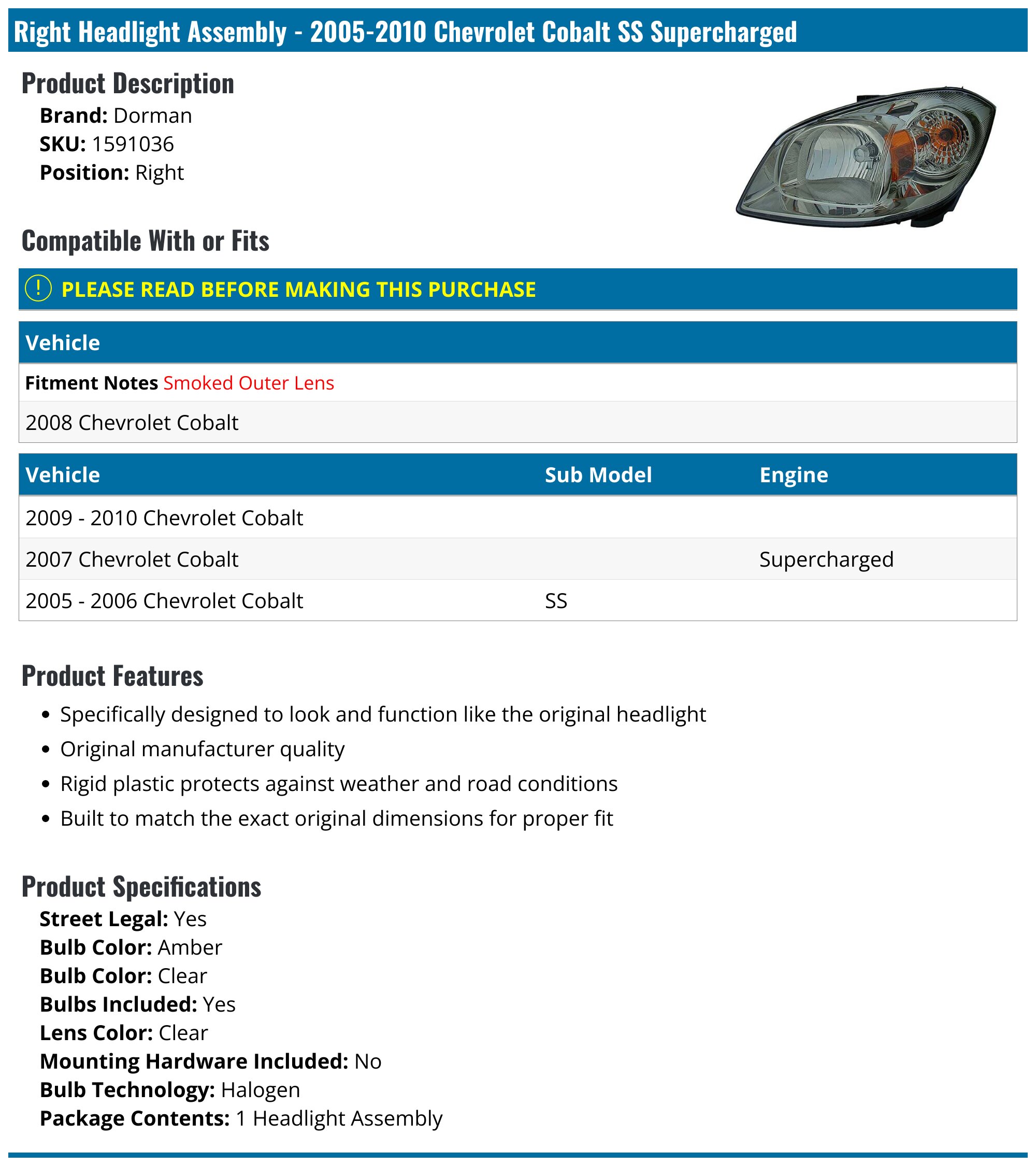2005-2010 Chevrolet Cobalt Headlight Assembly - Dorman 1591036 - Right ...