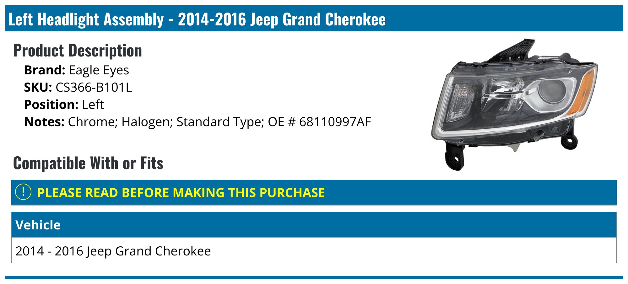 2014-2016 Jeep Grand Cherokee Headlight Assembly - Eagle Eyes CS366 ...