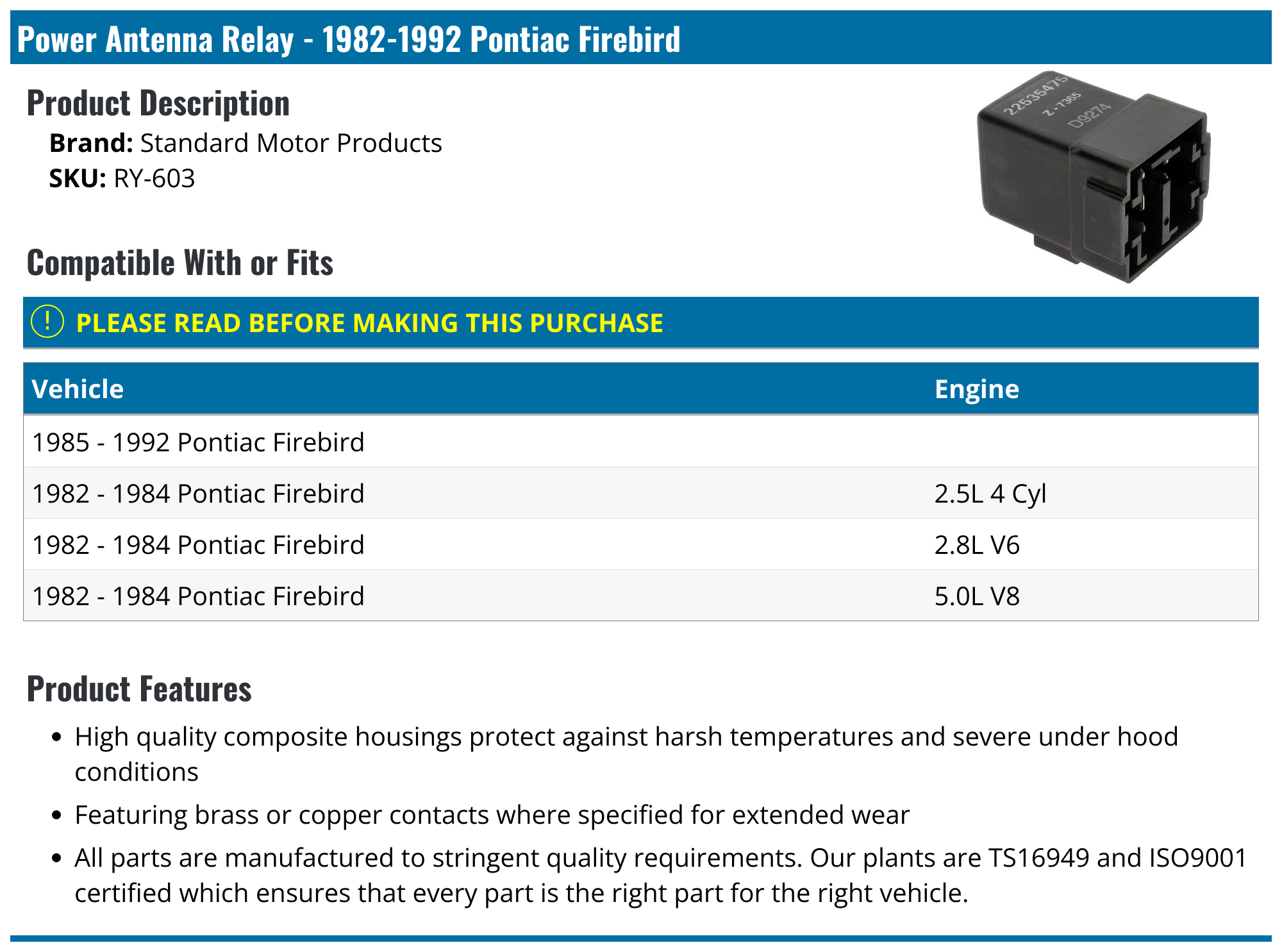 1982-1992 Pontiac Firebird Power Antenna Relay - Standard Motor ...