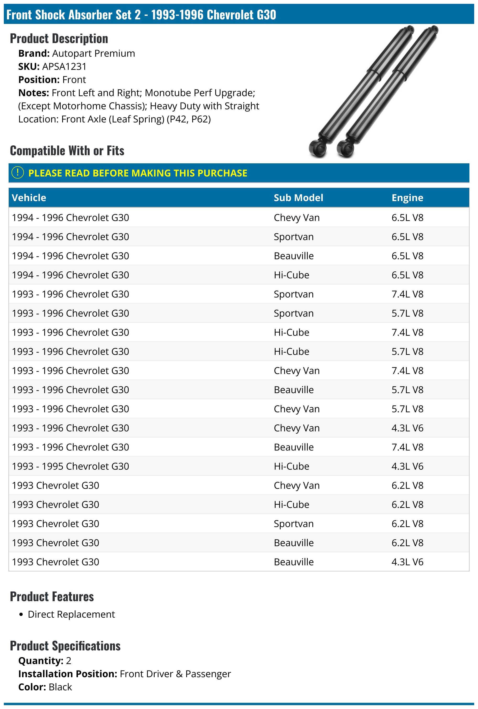 1993-1996 Chevrolet G30 Shock Absorber - Autopart Premium APSA1231 ...
