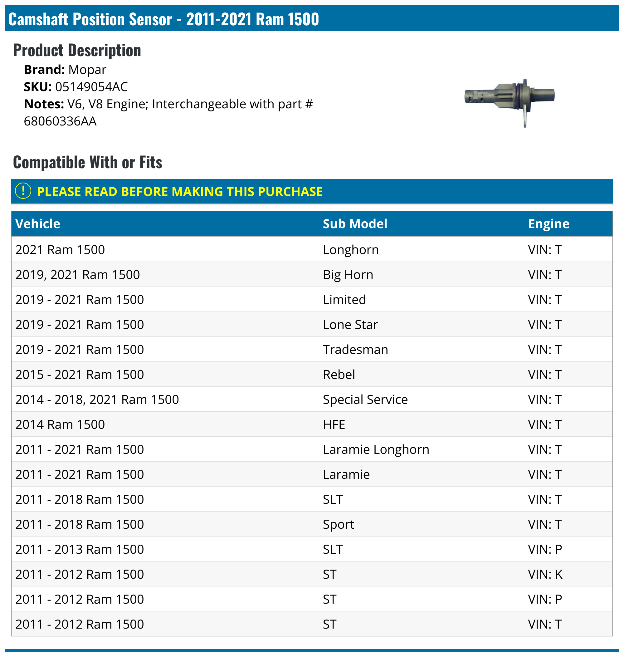 2011-2019 Ram 1500 Camshaft Position Sensor - Mopar 05149054AC ...