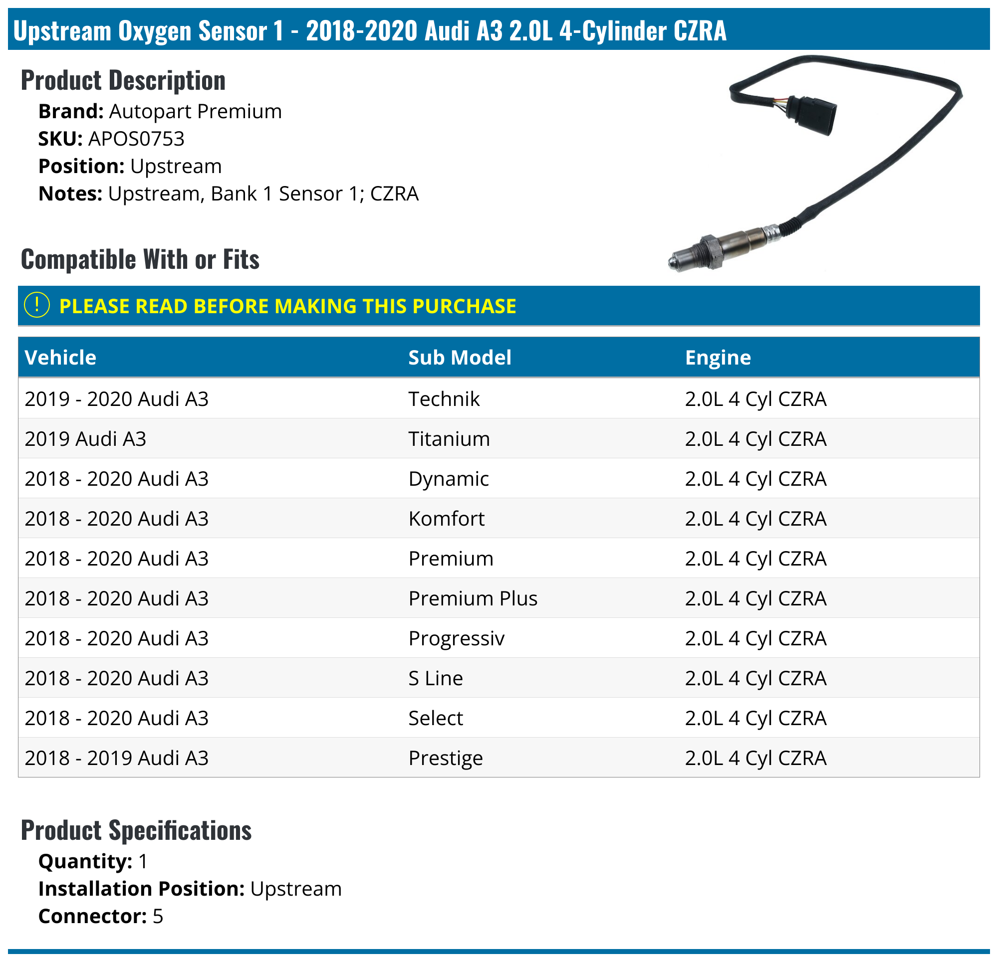 2018-2020 Audi A3 Oxygen Sensor - Autopart Premium APOS0753 - Upstream ...