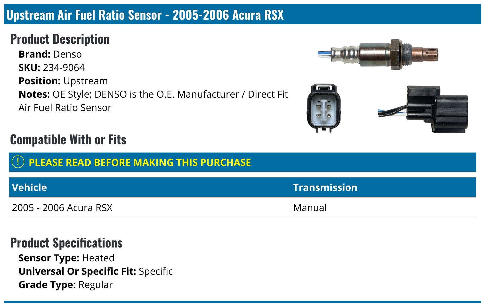 2005-2006 Acura RSX Oxygen Sensor - Denso 234-9064 - Upstream ...
