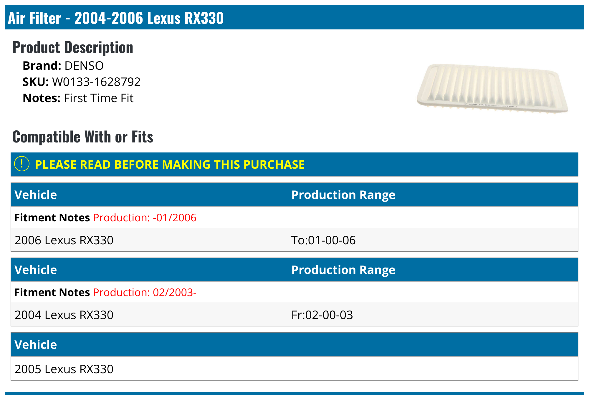 2004-2006 Lexus RX330 Air Filter - Denso W0133-1628792 - PartsGeek.com