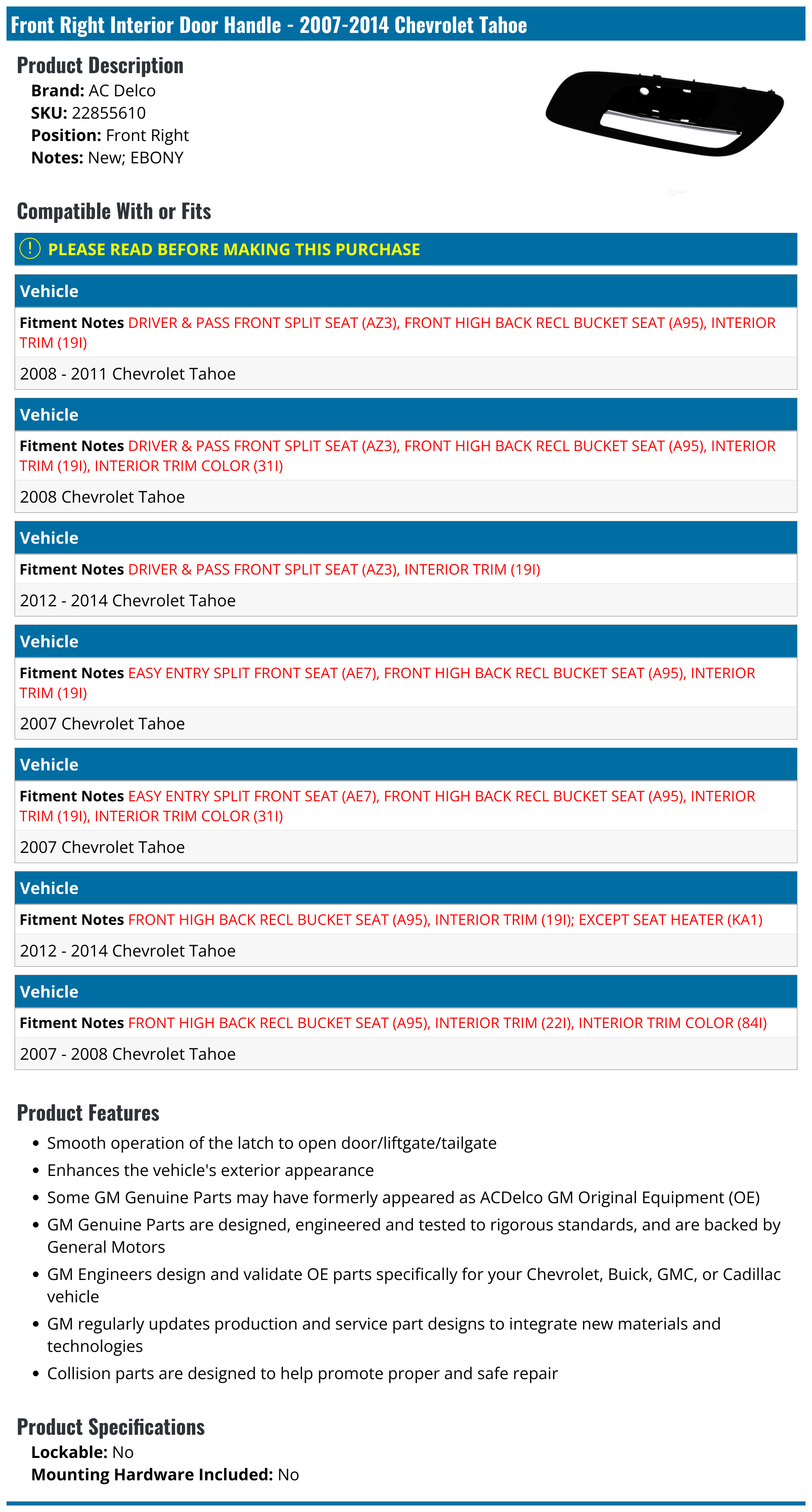 2007-2014 Chevrolet Tahoe Door Handle - AC Delco 22855610 - Front Right ...