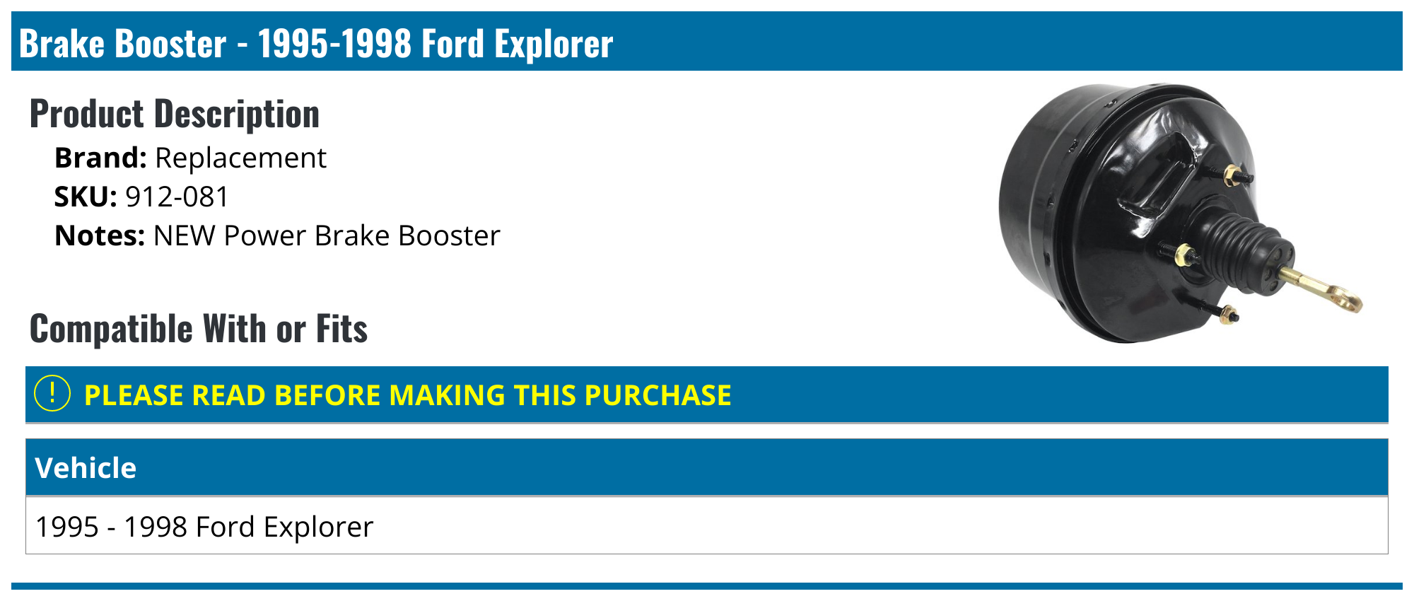 1995-1998 Ford Explorer Brake Booster - Replacement 912-081 ...