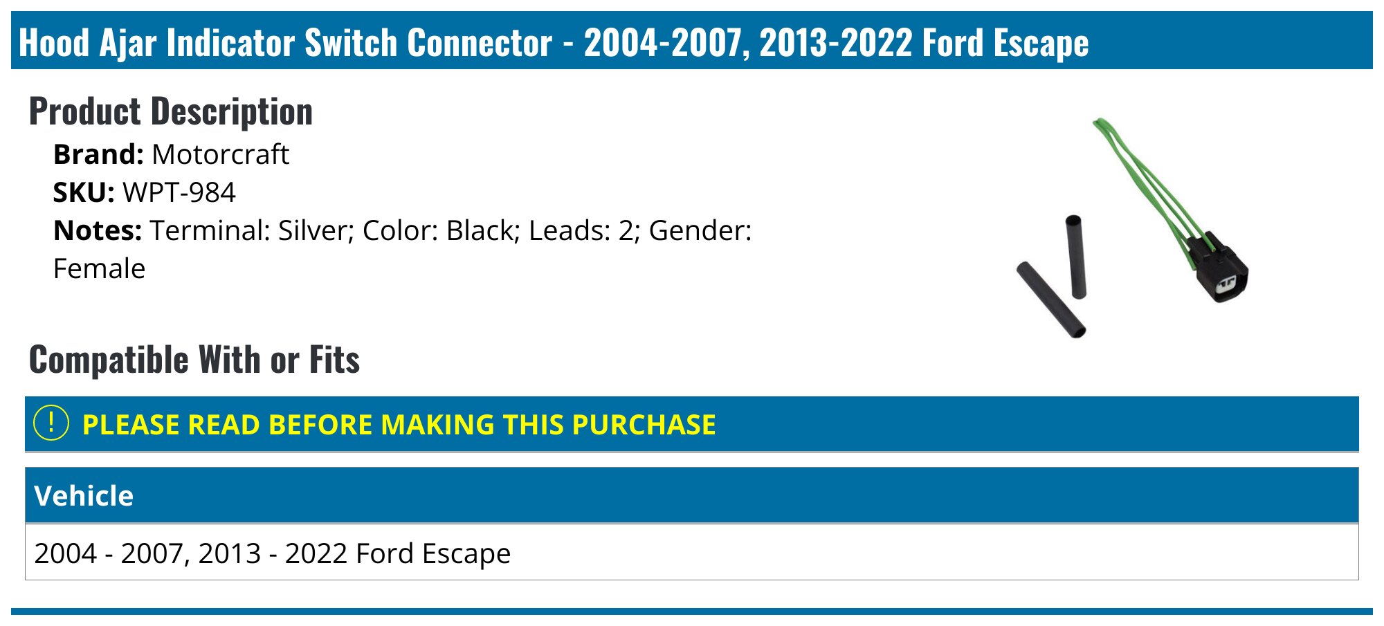 Hood Ajar Indicator Switch SMP For 2001-2007 Ford Escape