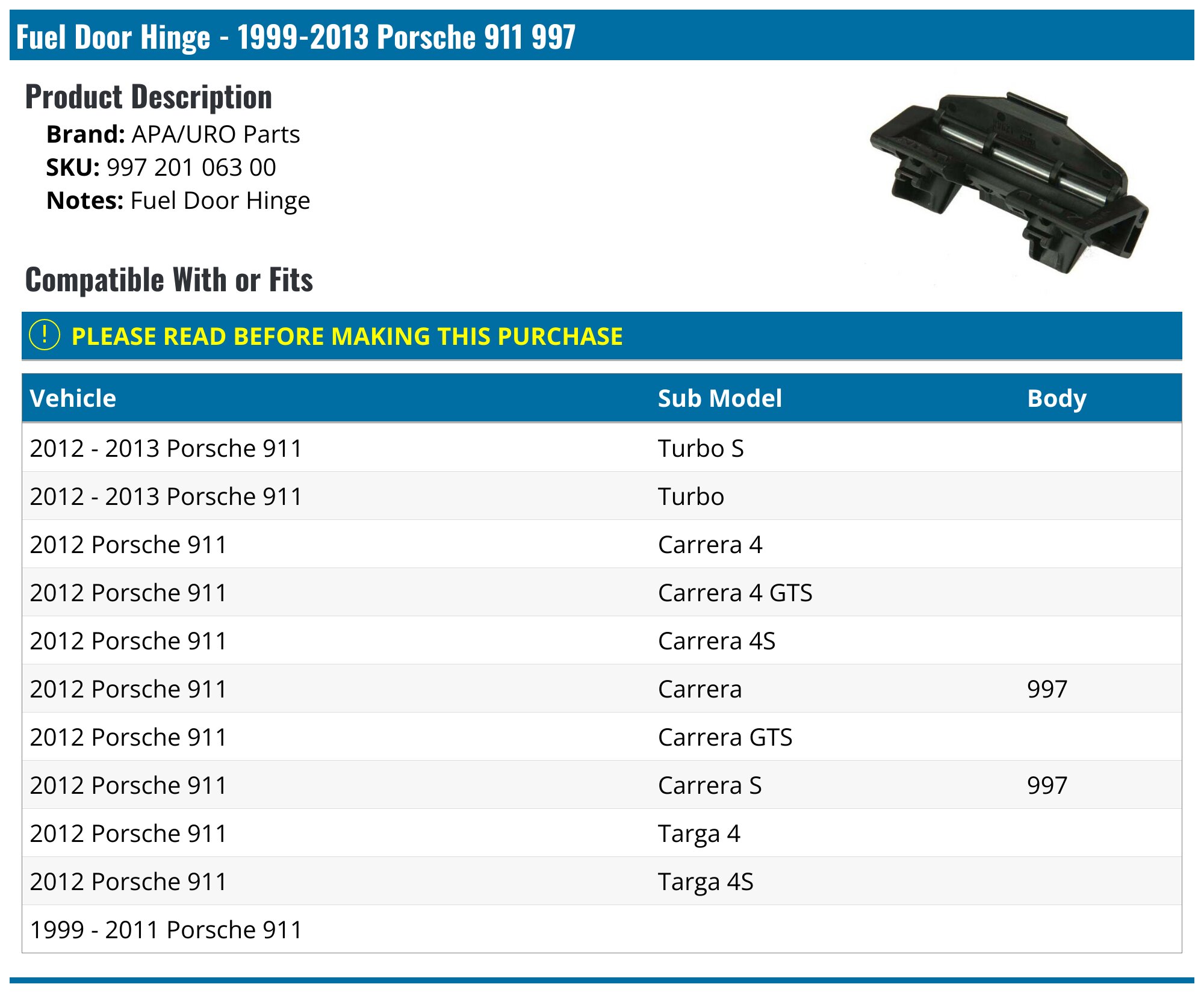 1999-2013 Porsche 911 Fuel Door Hinge - APA/URO Parts 997 201 063 00 ...