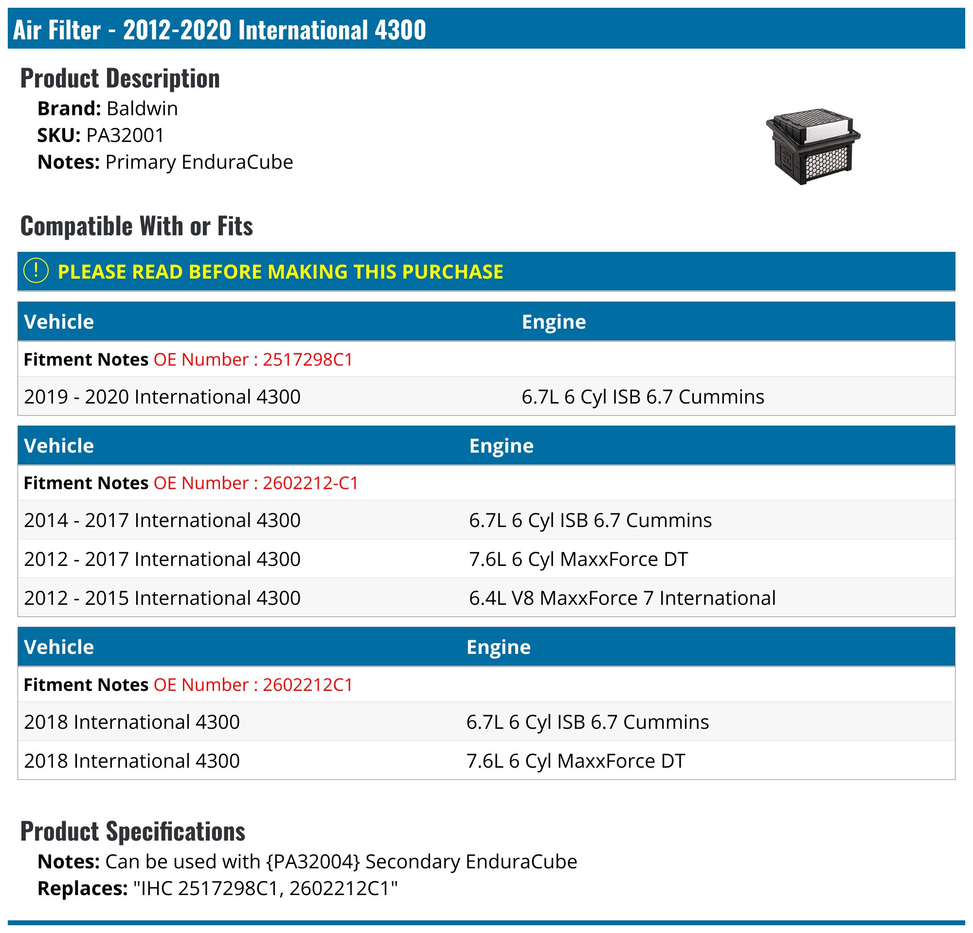 2012-2020 International 4300 Air Filter - Baldwin PA32001 - PartsGeek.com
