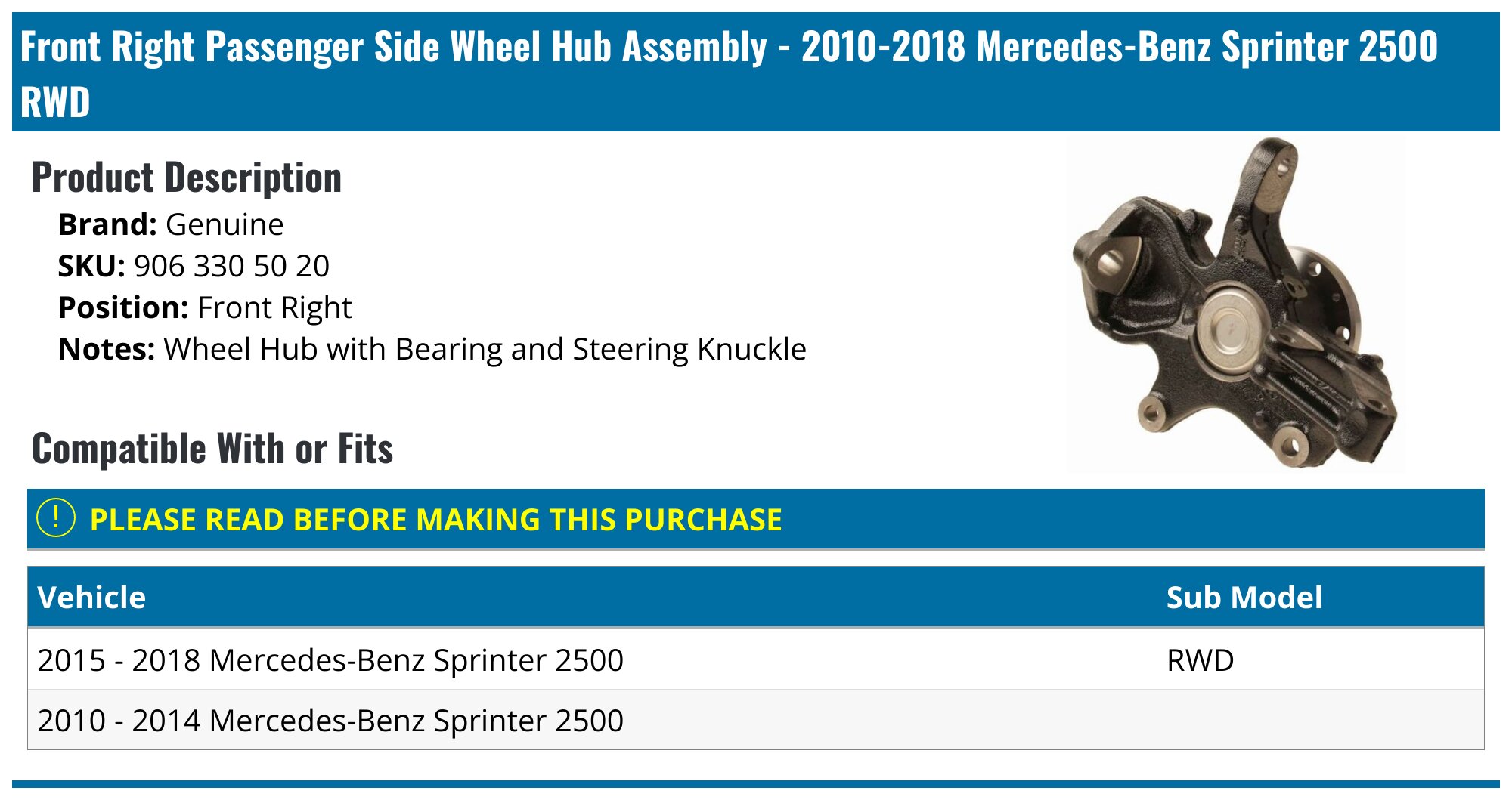 2010-2018 Mercedes Sprinter 2500 Wheel Hub Assembly - Genuine 906 330 ...