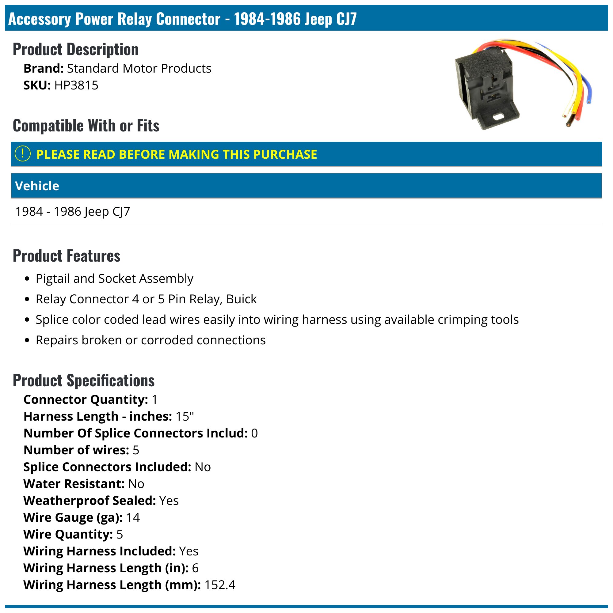 1984-1986 Jeep CJ7 Accessory Power Relay Connector - Standard Motor ...