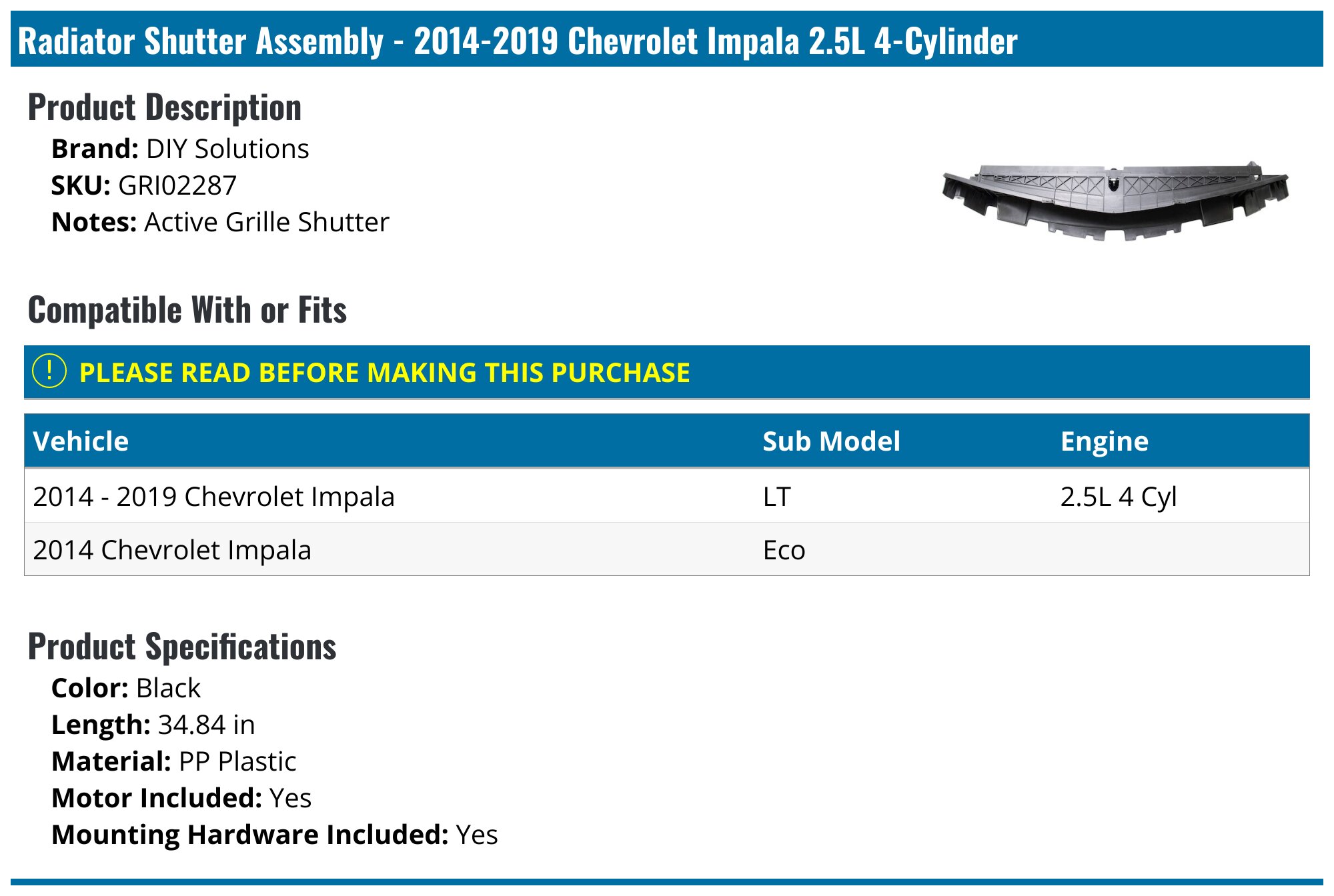 2014-2019 Chevrolet Impala Radiator Shutter Assembly - DIY Solutions ...