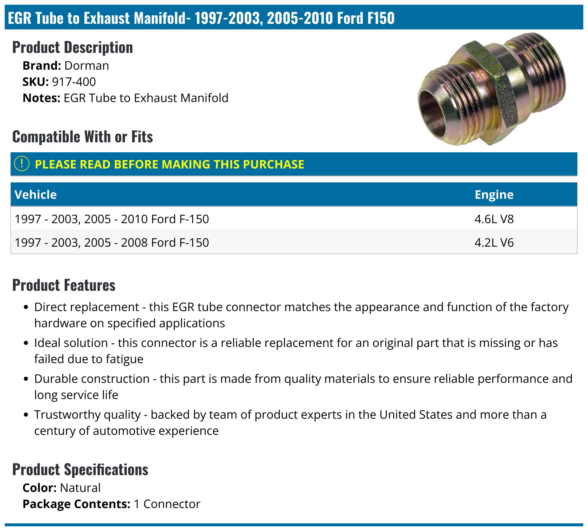 1997-2003, 2005-2010 Ford F150 EGR Tube Connector - Dorman 917-400 ...