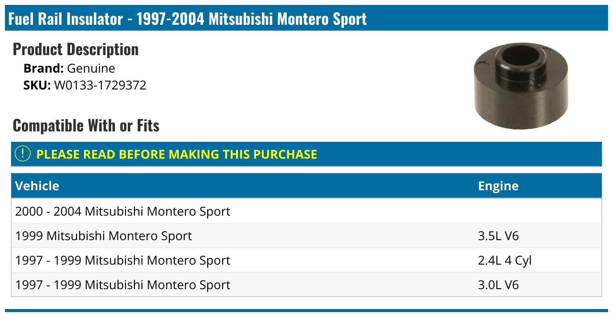 1997-2004 Mitsubishi Montero Sport Fuel Rail Insulator - Genuine W0133 ...