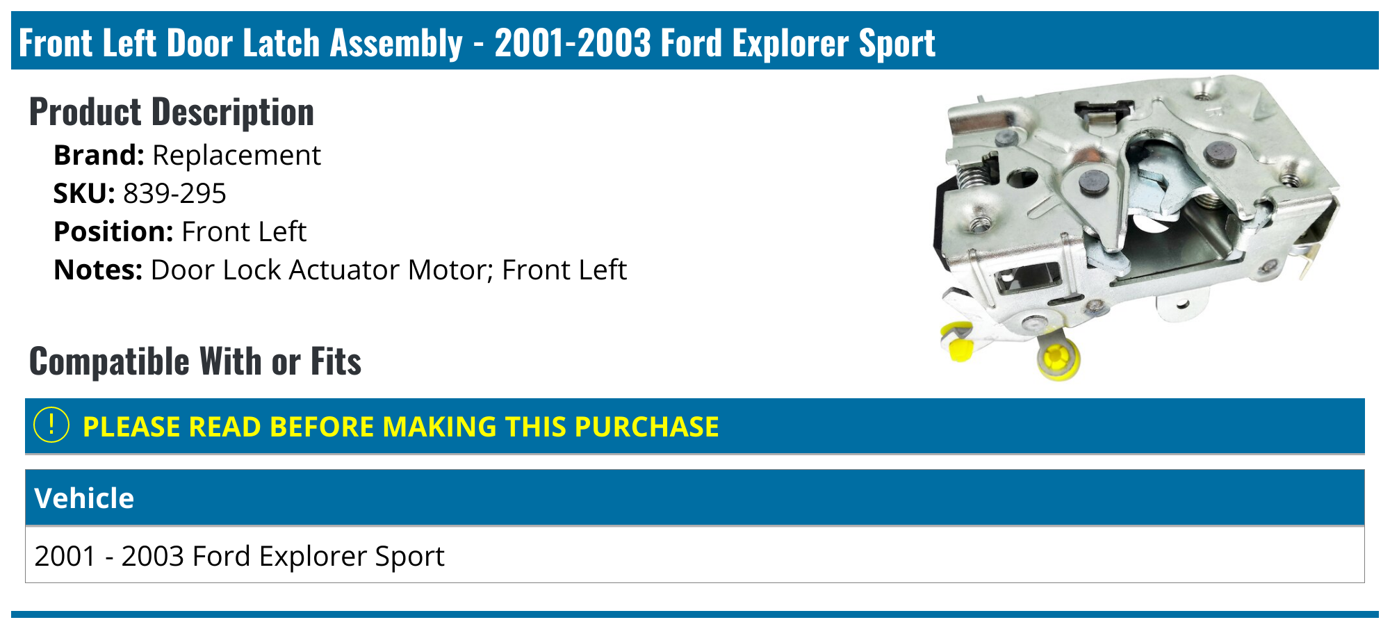 2001-2003 Ford Explorer Sport Door Latch Assembly - Replacement 839-295 ...