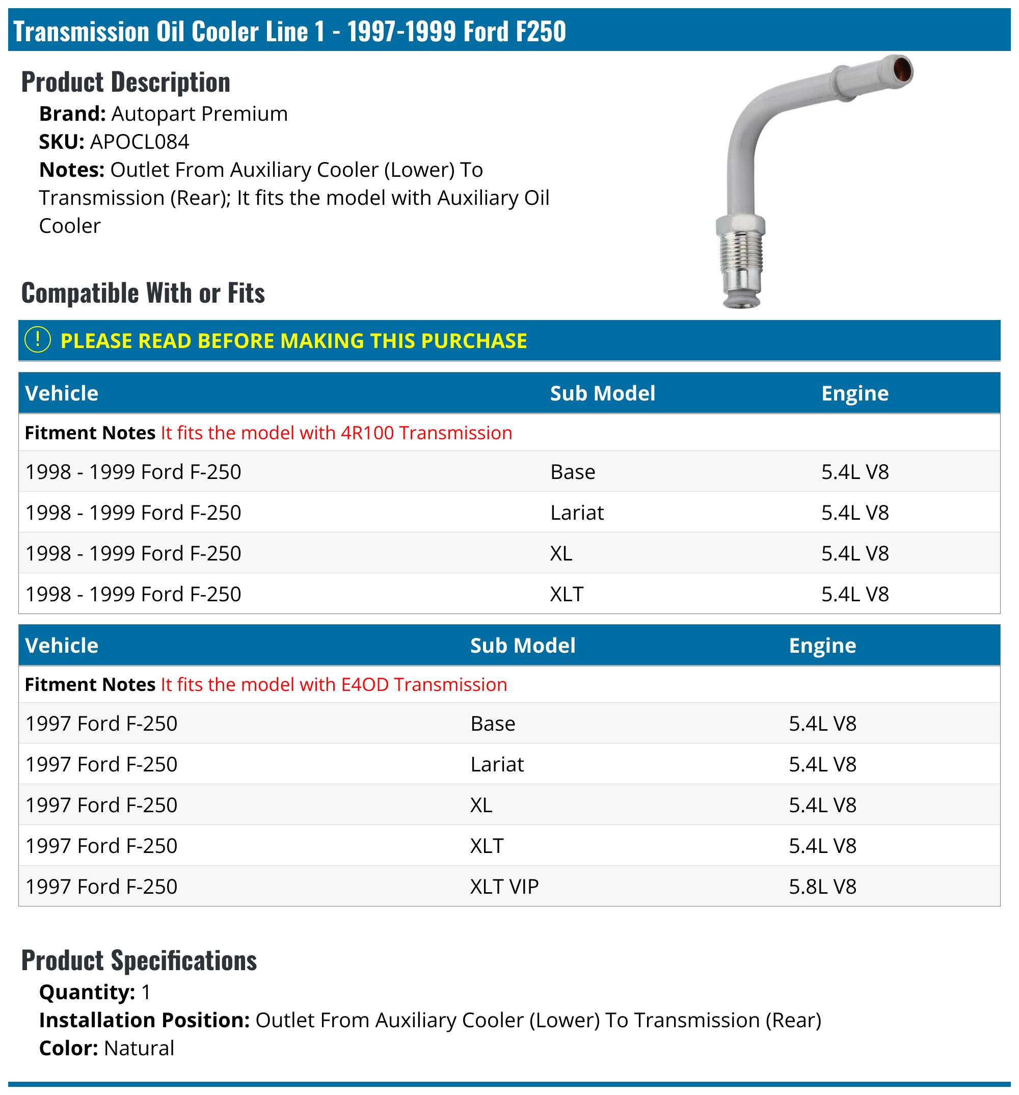 1997-1999 Ford F250 Transmission Oil Cooler Line - Autopart Premium ...