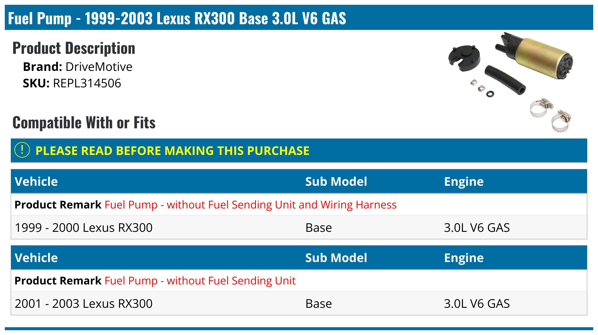 1999-2003 Lexus RX300 Fuel Pump - DriveMotive REPL314506 - PartsGeek.com