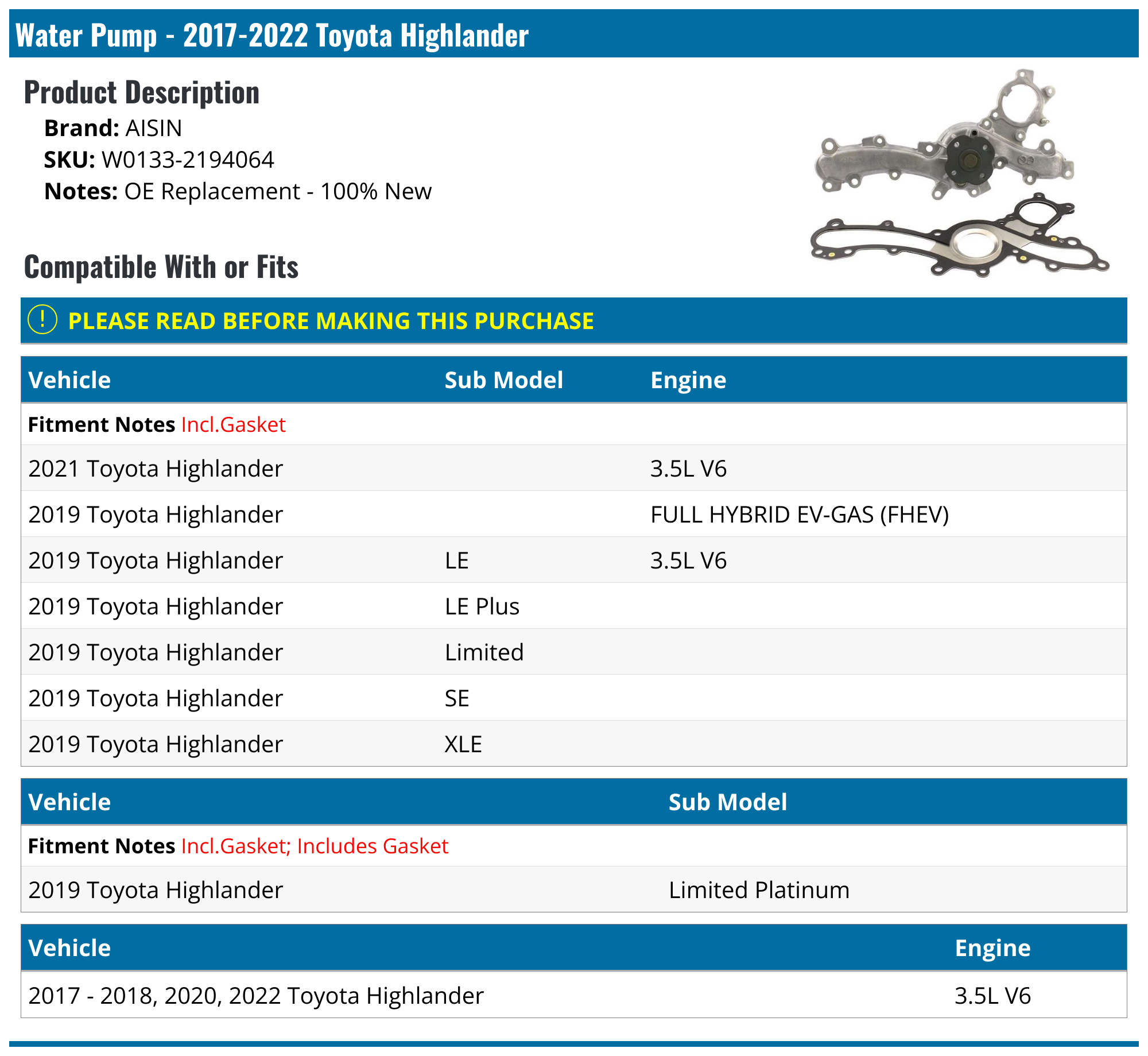 2017-2022 Toyota Highlander Water Pump - AISIN W0133-2194064 ...