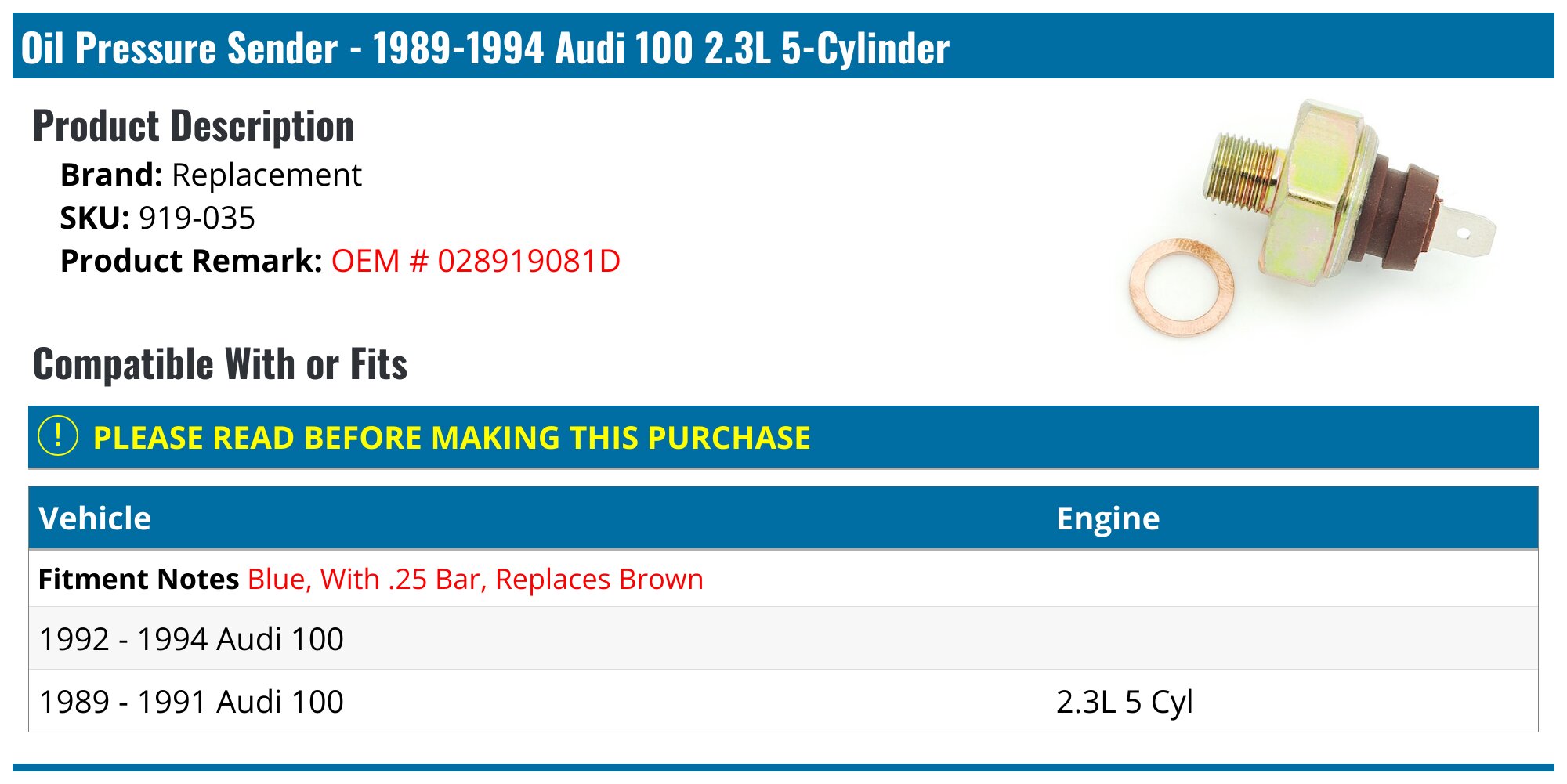 1989-1994 Audi 100 Oil Pressure Sender - Replacement 919-035 ...