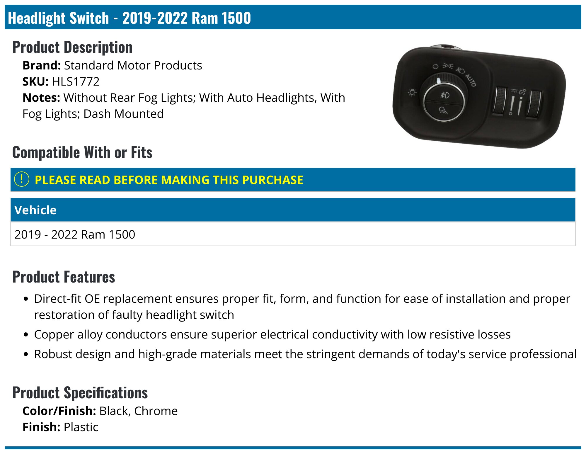 2019-2022 Ram 1500 Headlight Switch - Standard Motor Products HLS1772 ...