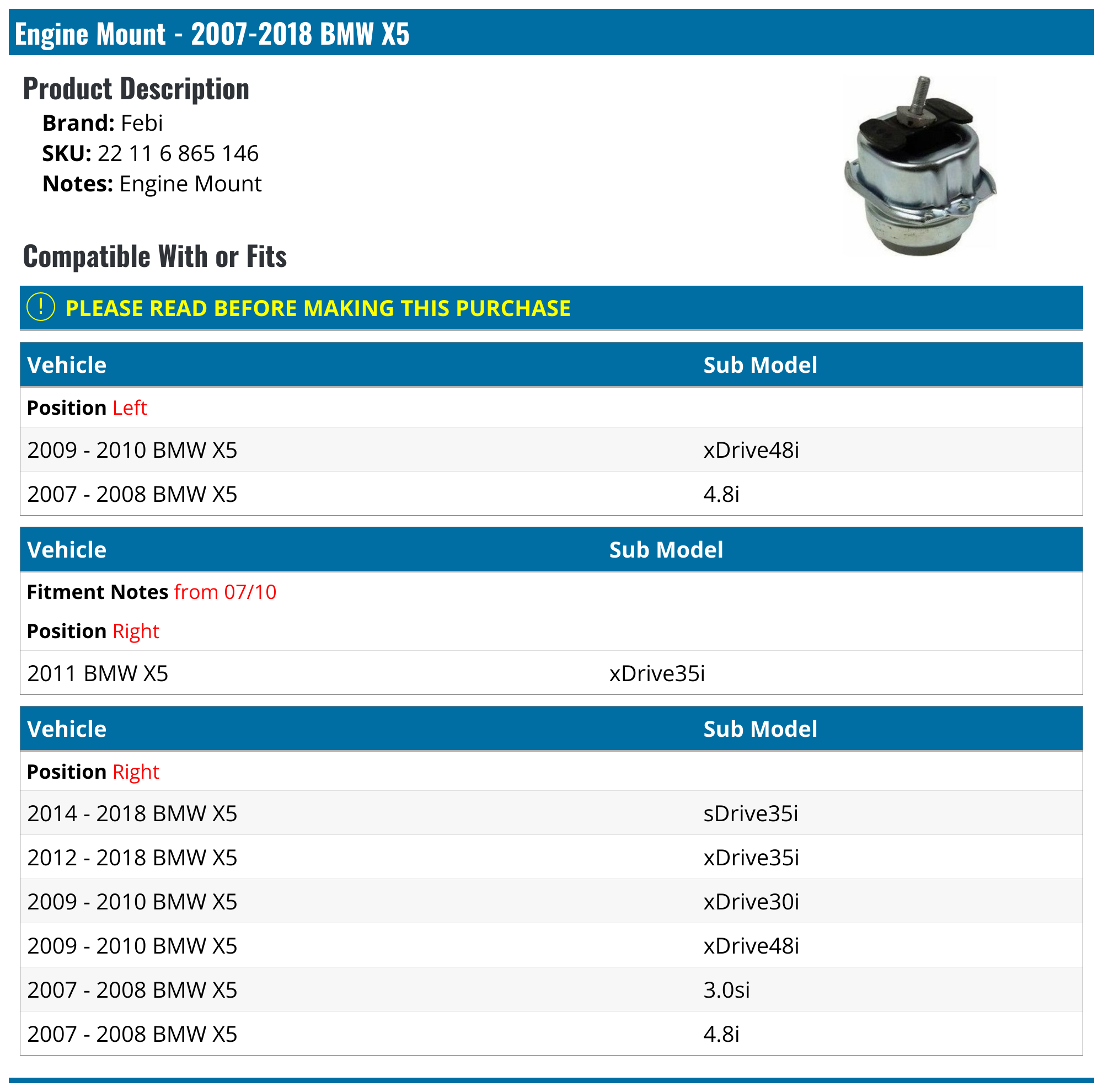 2007-2018 BMW X5 Engine Mount - Febi 22 11 6 865 146 - Right ...
