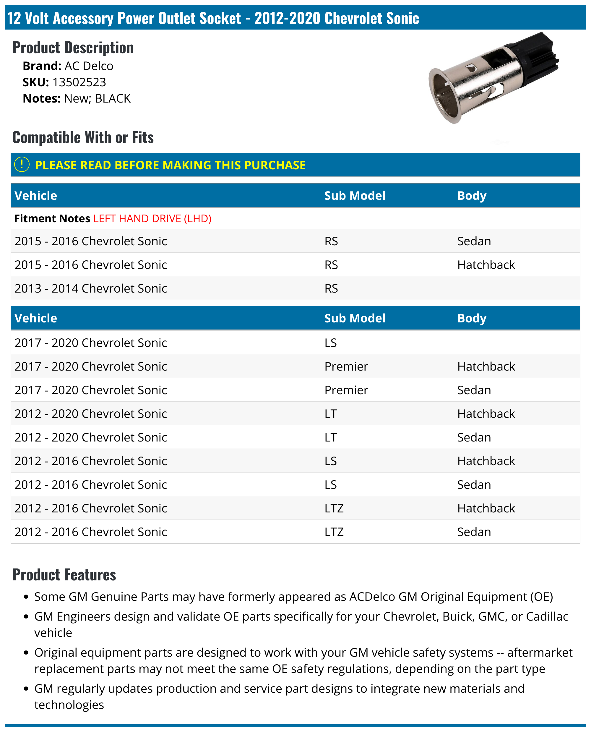 2012-2020 Chevrolet Sonic 12 Volt Accessory Power Outlet Socket - AC ...