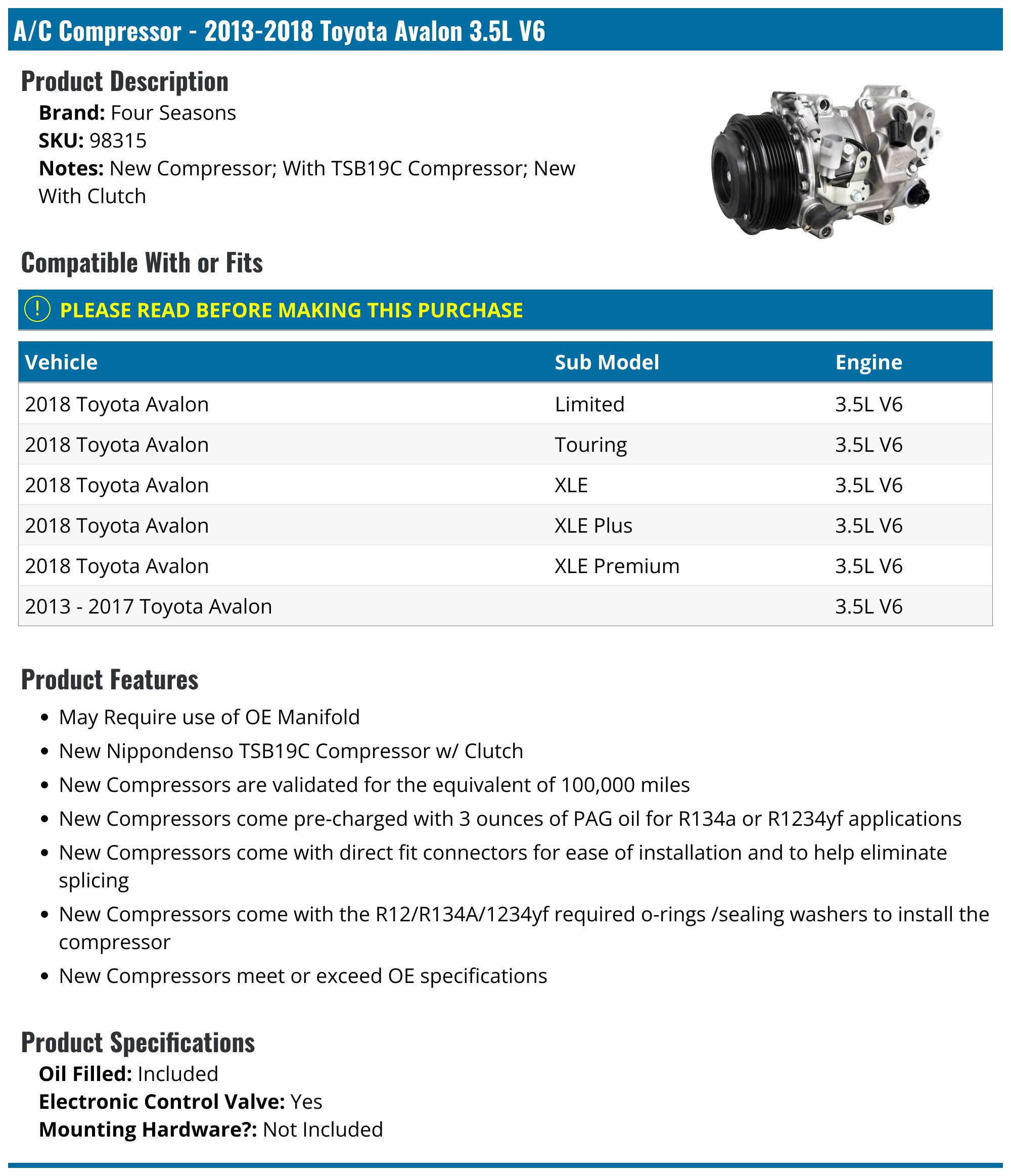 2013-2018 Toyota Avalon A/C Compressor - Four Seasons 98315 - PartsGeek.com