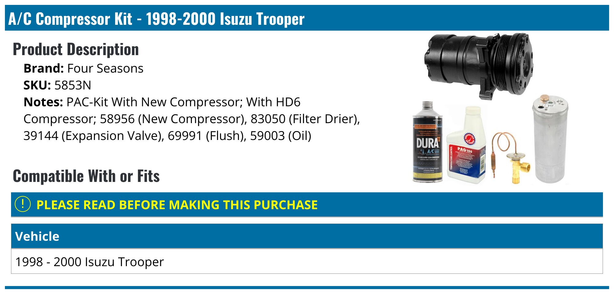 1998-2000 Isuzu Trooper A/C Compressor - Four Seasons 5853N - PartsGeek.com