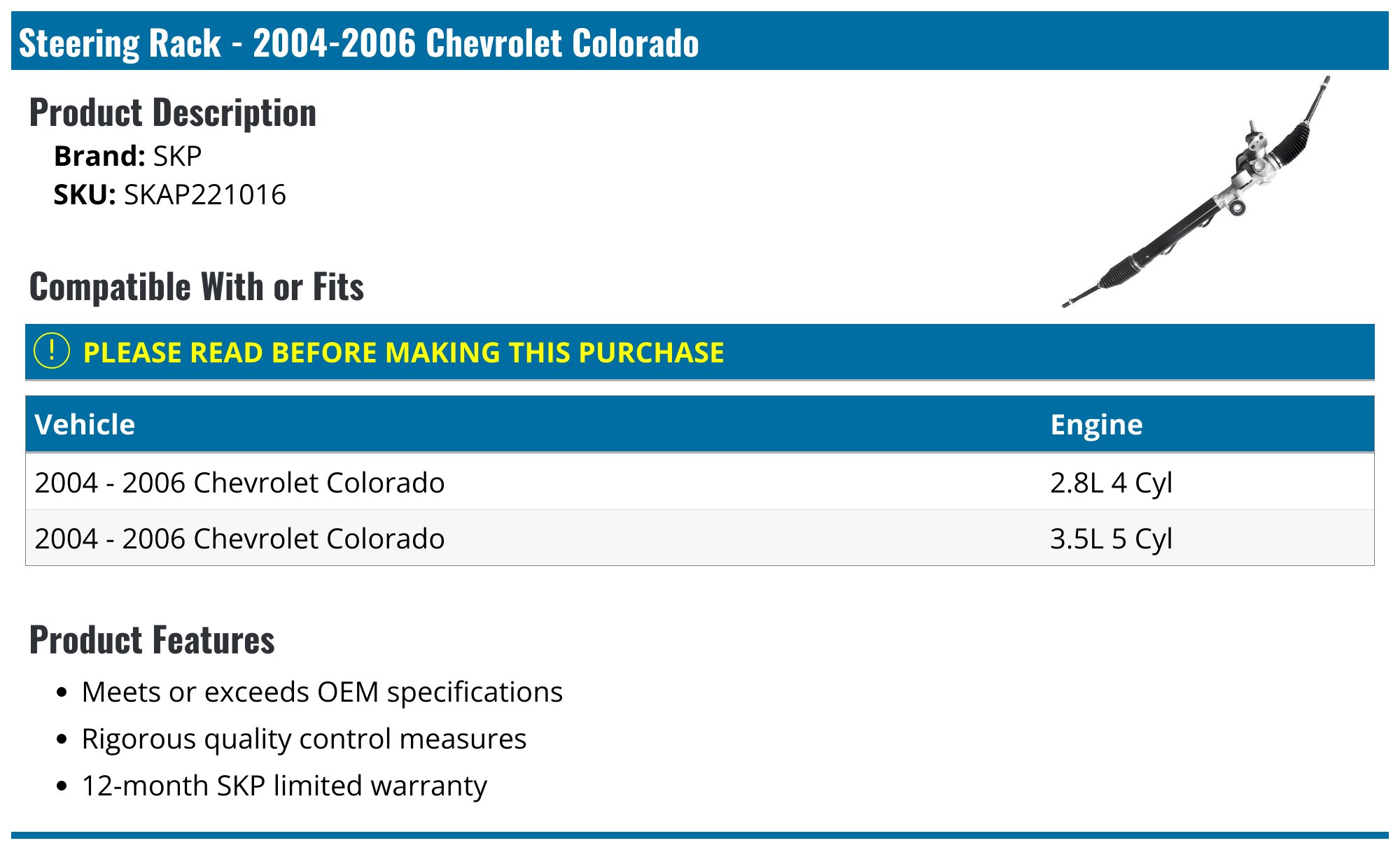 2004-2006 Chevrolet Colorado Steering Rack - SKP SKAP221016 - PartsGeek.com