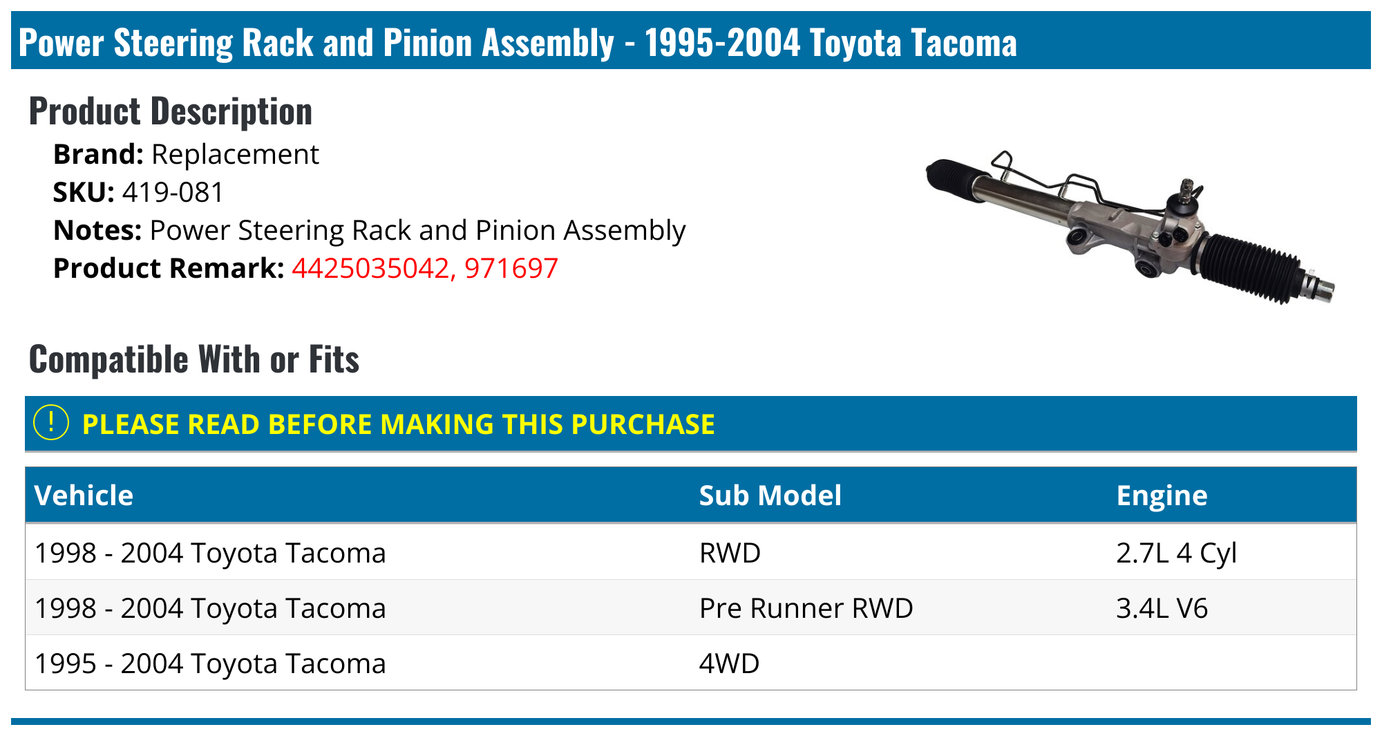 1995-2004 Toyota Tacoma Steering Rack - Replacement 419-081 - PartsGeek.com