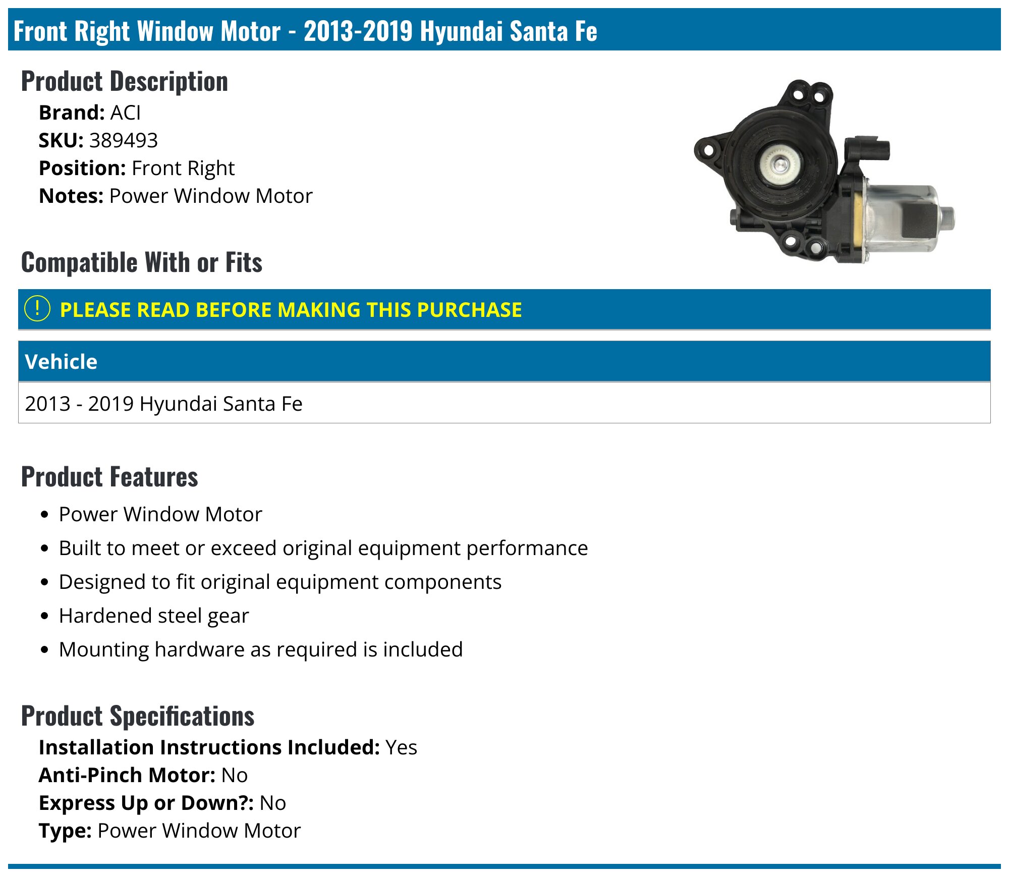 2013-2019 Hyundai Santa Fe Window Motor - ACI 389493 - Front Right ...
