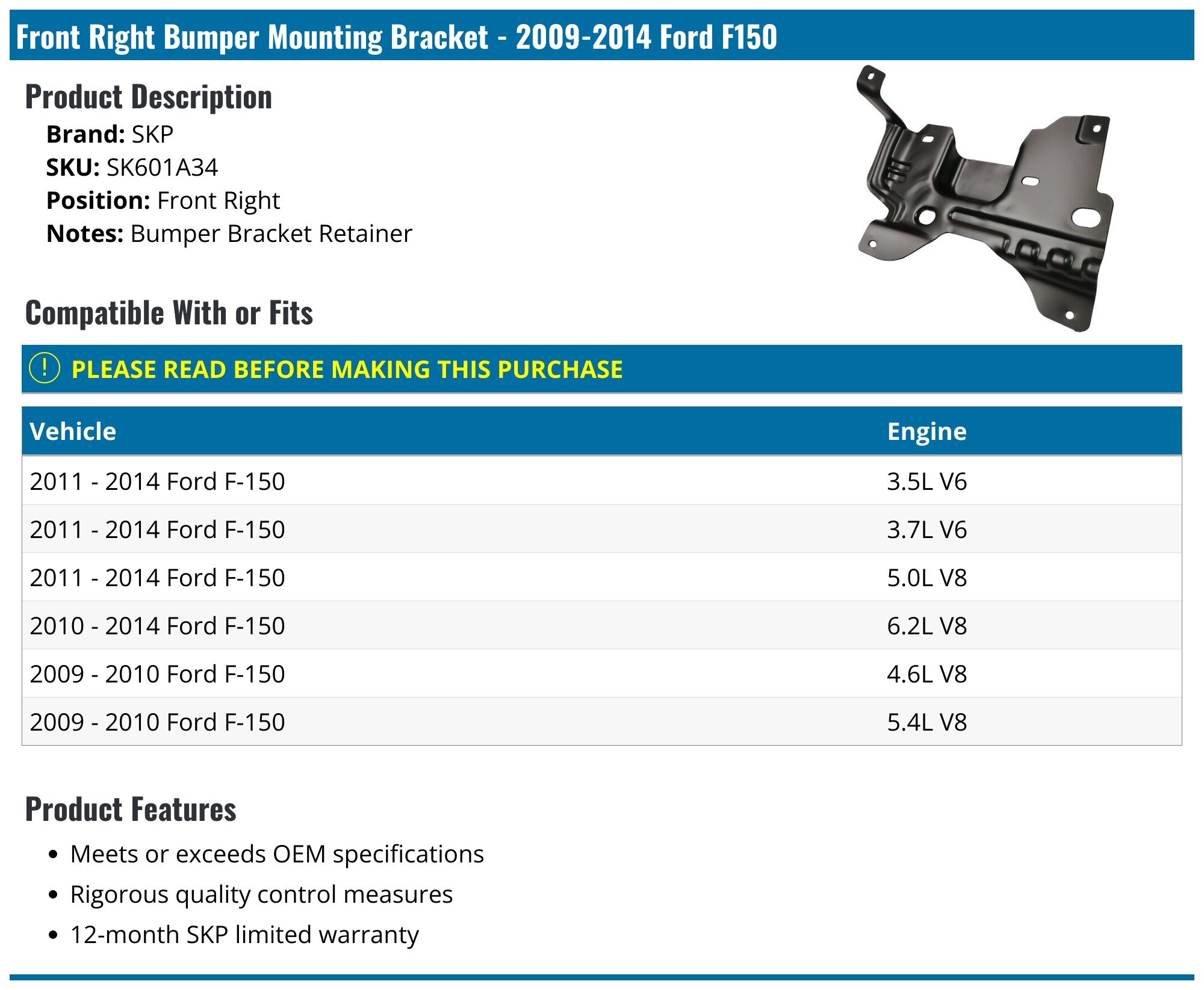 2009-2014 Ford F150 Bumper Mounting Bracket - SKP SK601A34 - Front ...
