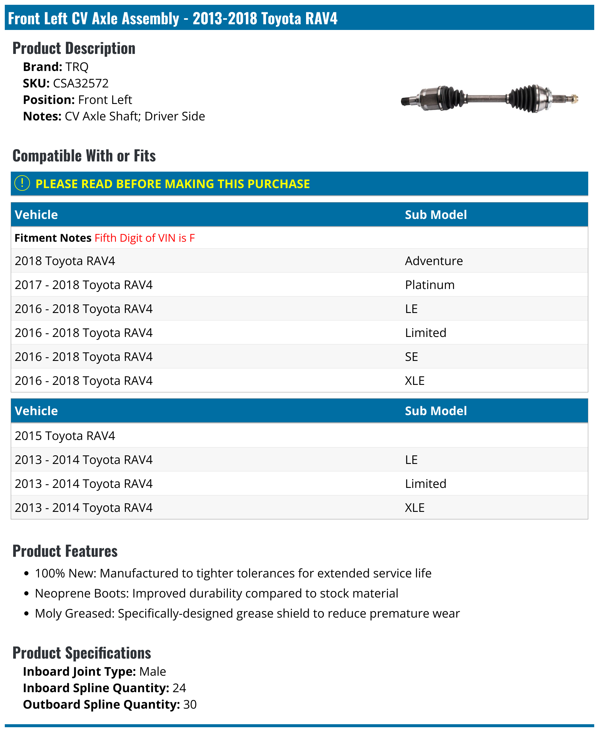 2013-2018 Toyota RAV4 Axle Assembly - TRQ CSA32572 - Front Left ...
