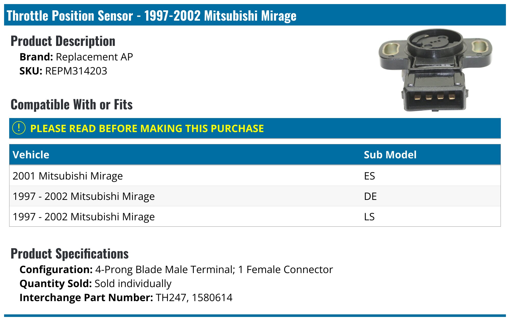 1997-2002 Mitsubishi Mirage Throttle Position Sensor - Replacement AP ...