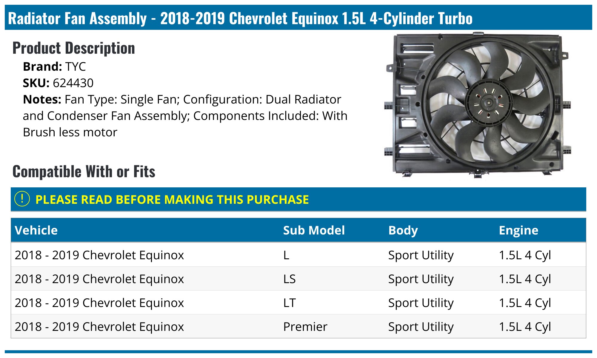 2018-2019 Chevrolet Equinox Radiator Fan Assembly - TYC 624430 ...
