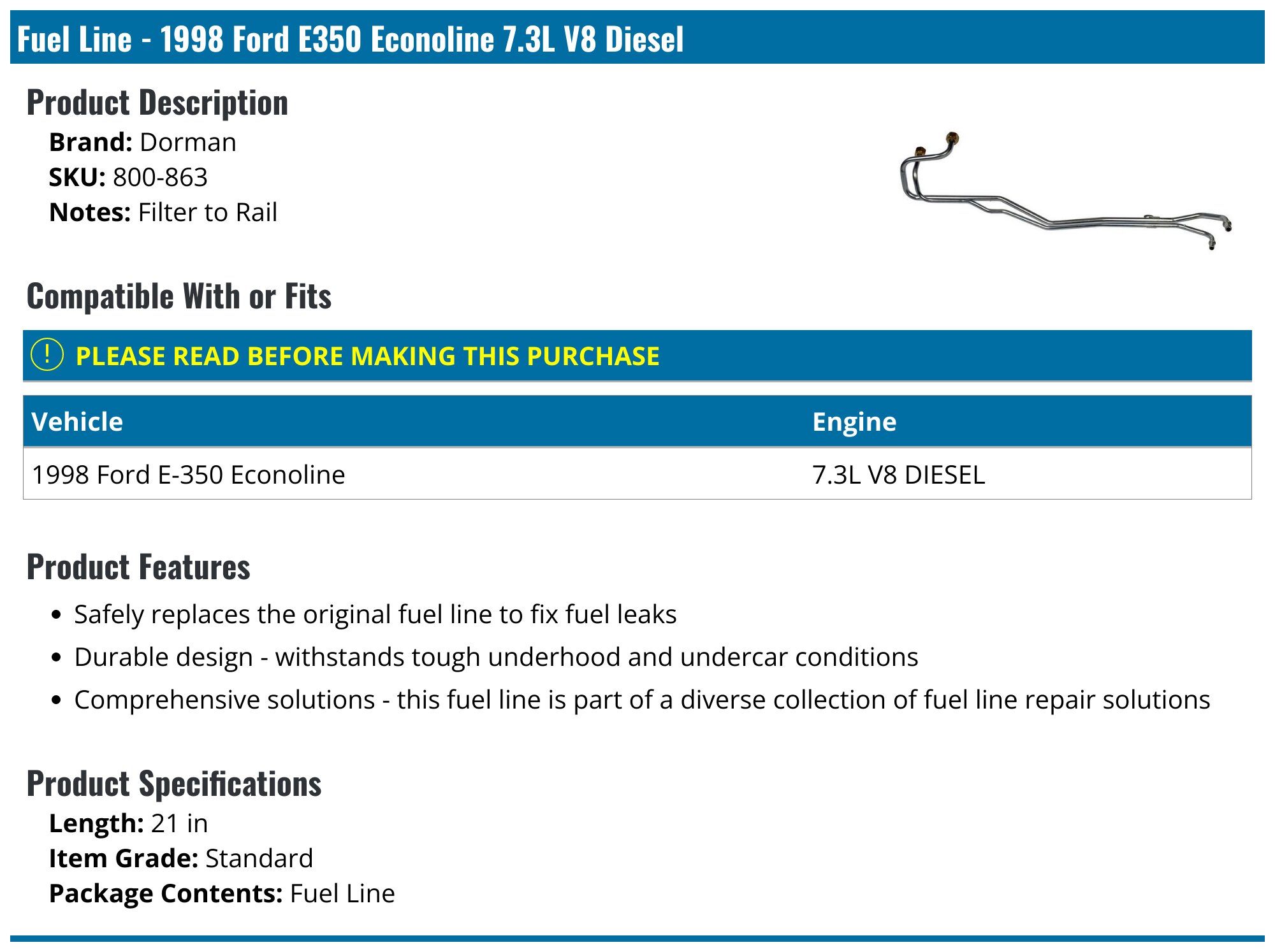 1998 Ford E350 Econoline Fuel Line - Dorman 800-863 - PartsGeek.com