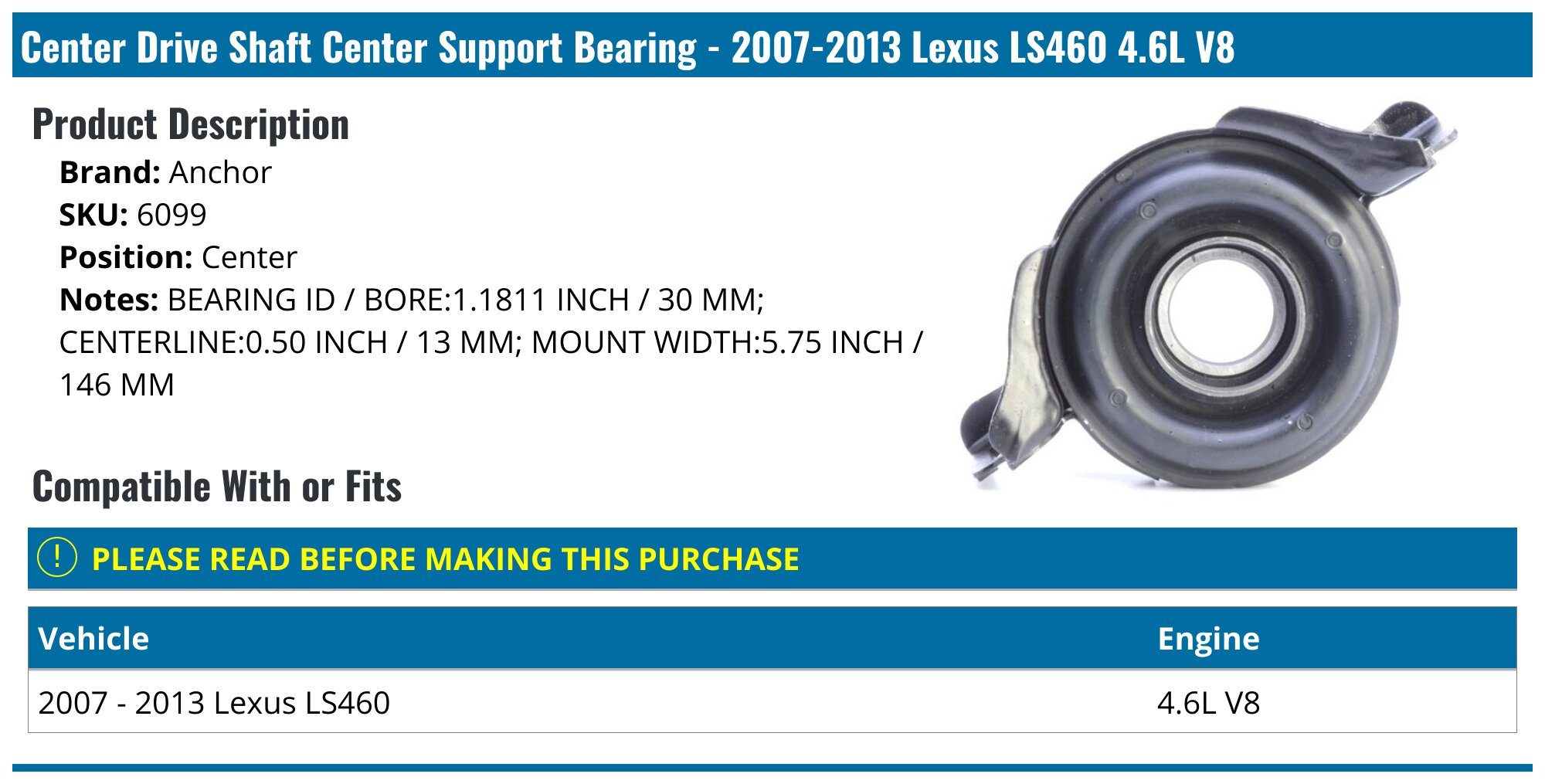 2007-2013 Lexus LS460 Drive Shaft Center Support Bearing - Anchor 6099 ...
