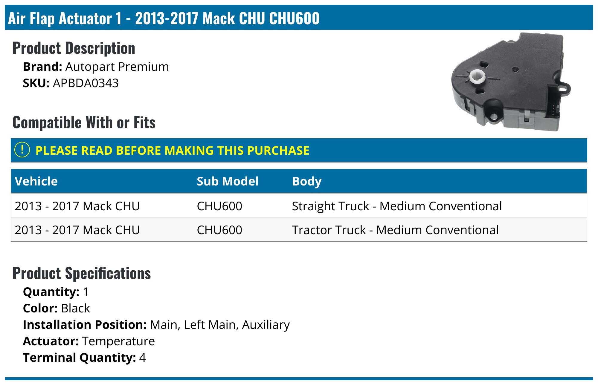 2013-2017 Mack CHU Air Flap Actuator - Autopart Premium APBDA0343 ...